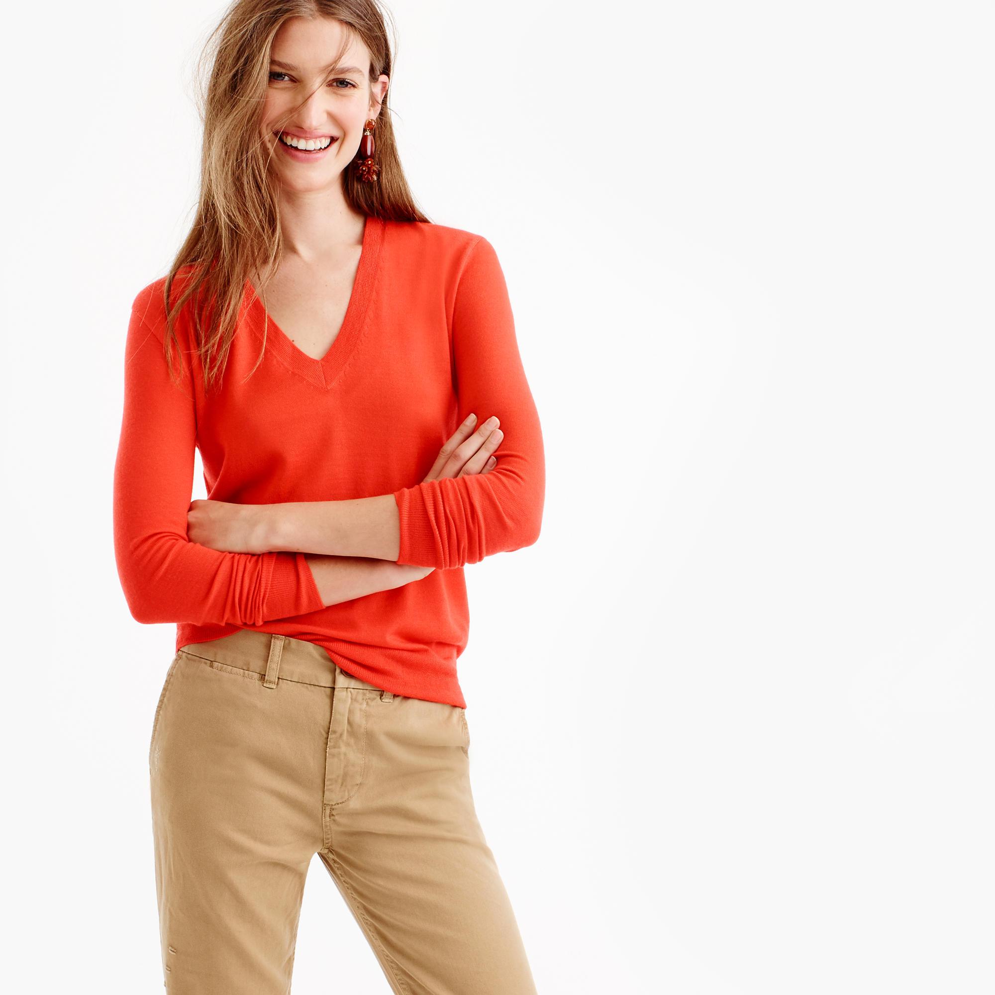 J Crew Italian Featherweight Cashmere Classic V Neck Sweater In Orange