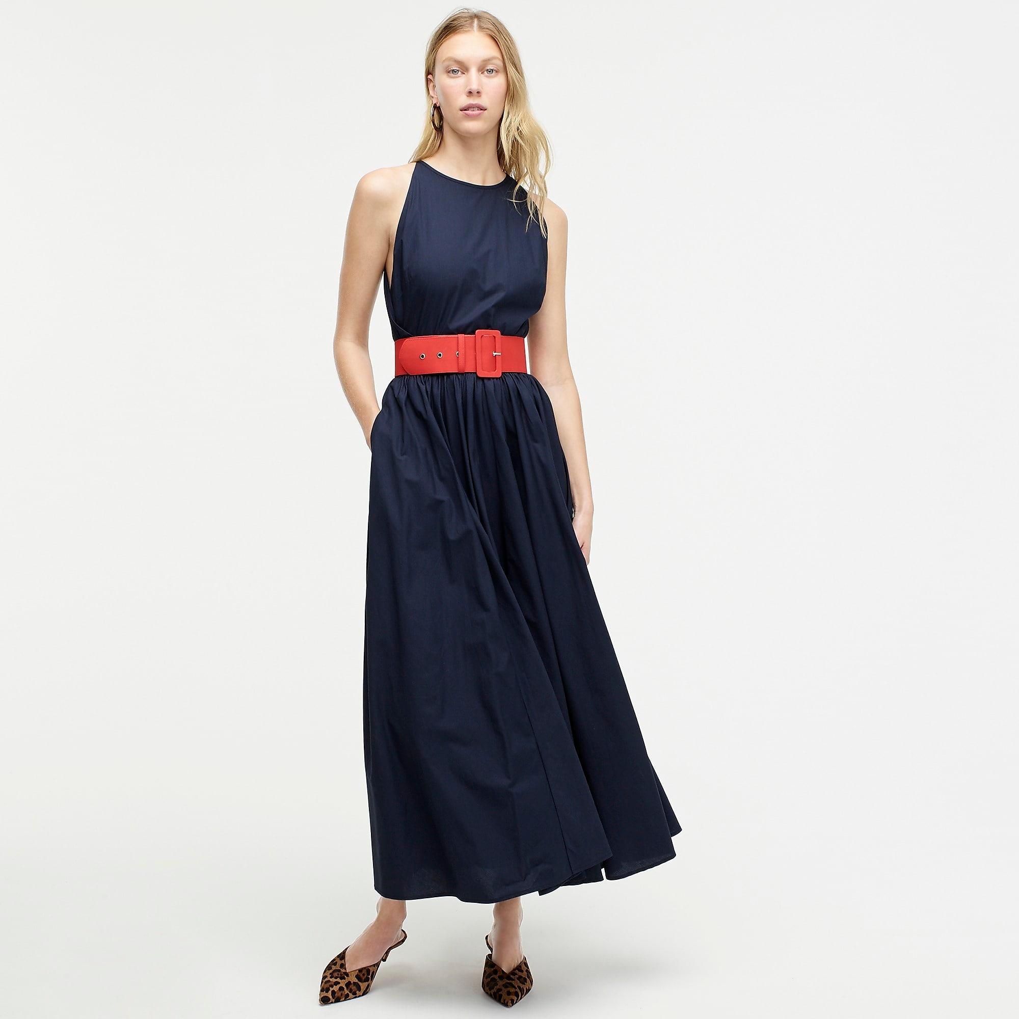 J Crew High Neck Cotton Poplin Dress With Belt In Navy Blue Lyst