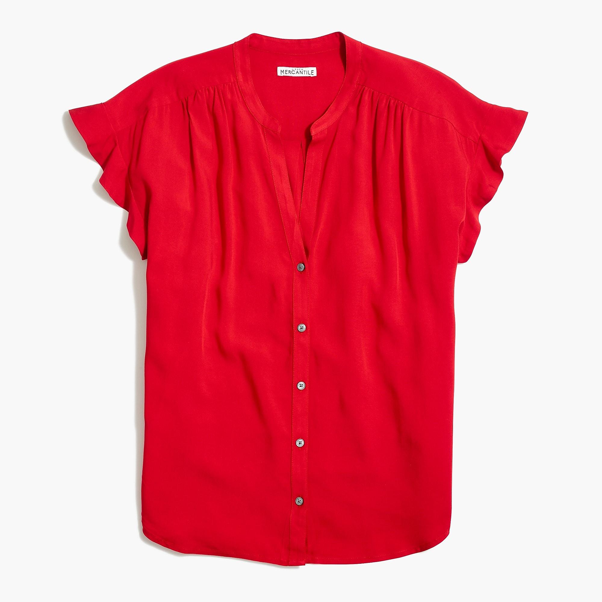 J.Crew Ruffle-sleeve Camp Shirt in Dark Poppy (Red) - Lyst