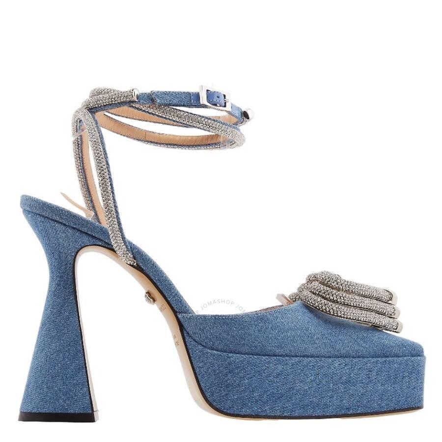 Mach & Mach Denim Crystal Triple Heart Platform Pumps in Blue | Lyst