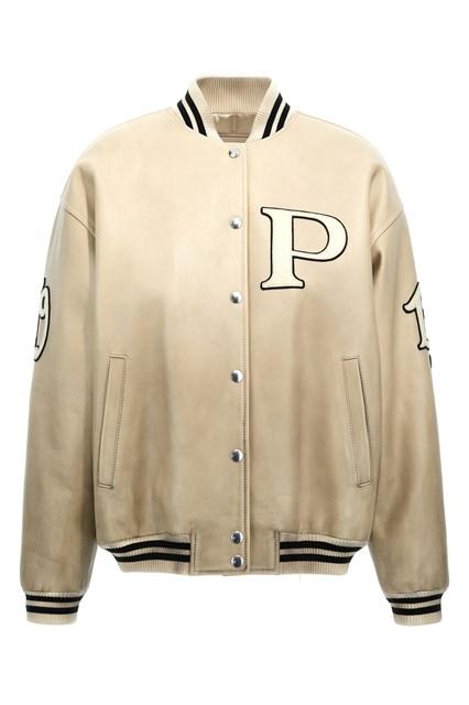 Prada Patches Leather Bomber Jacket in Natural | Lyst