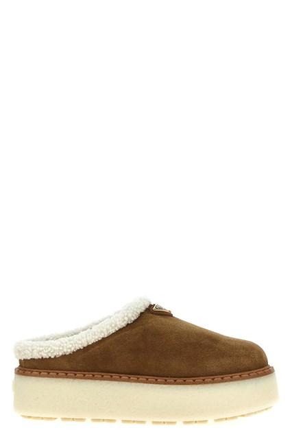 Prada Sabot Platform Suede Logo in Brown | Lyst