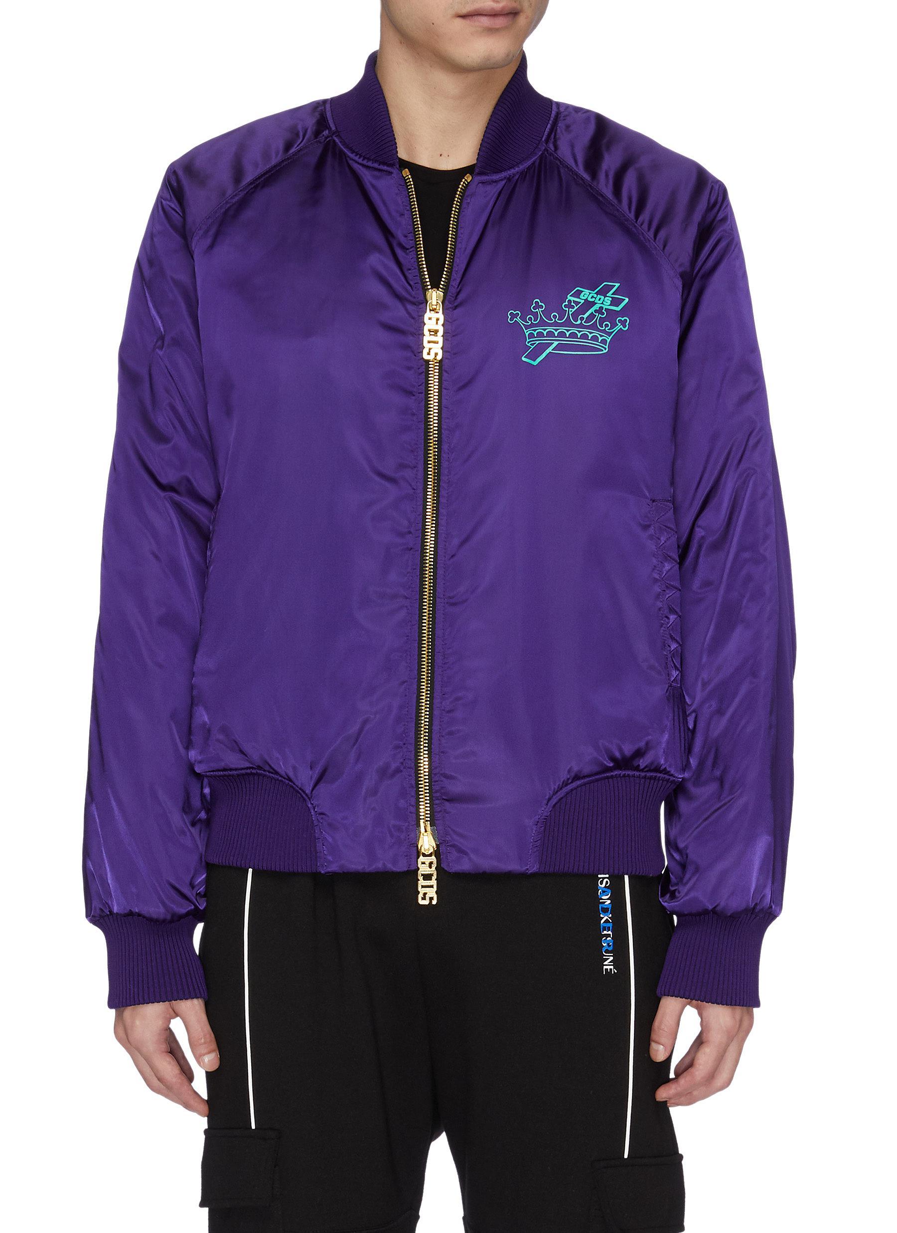 Gcds Logo Graphic Print Satin Bomber Jacket in Purple for Men - Lyst
