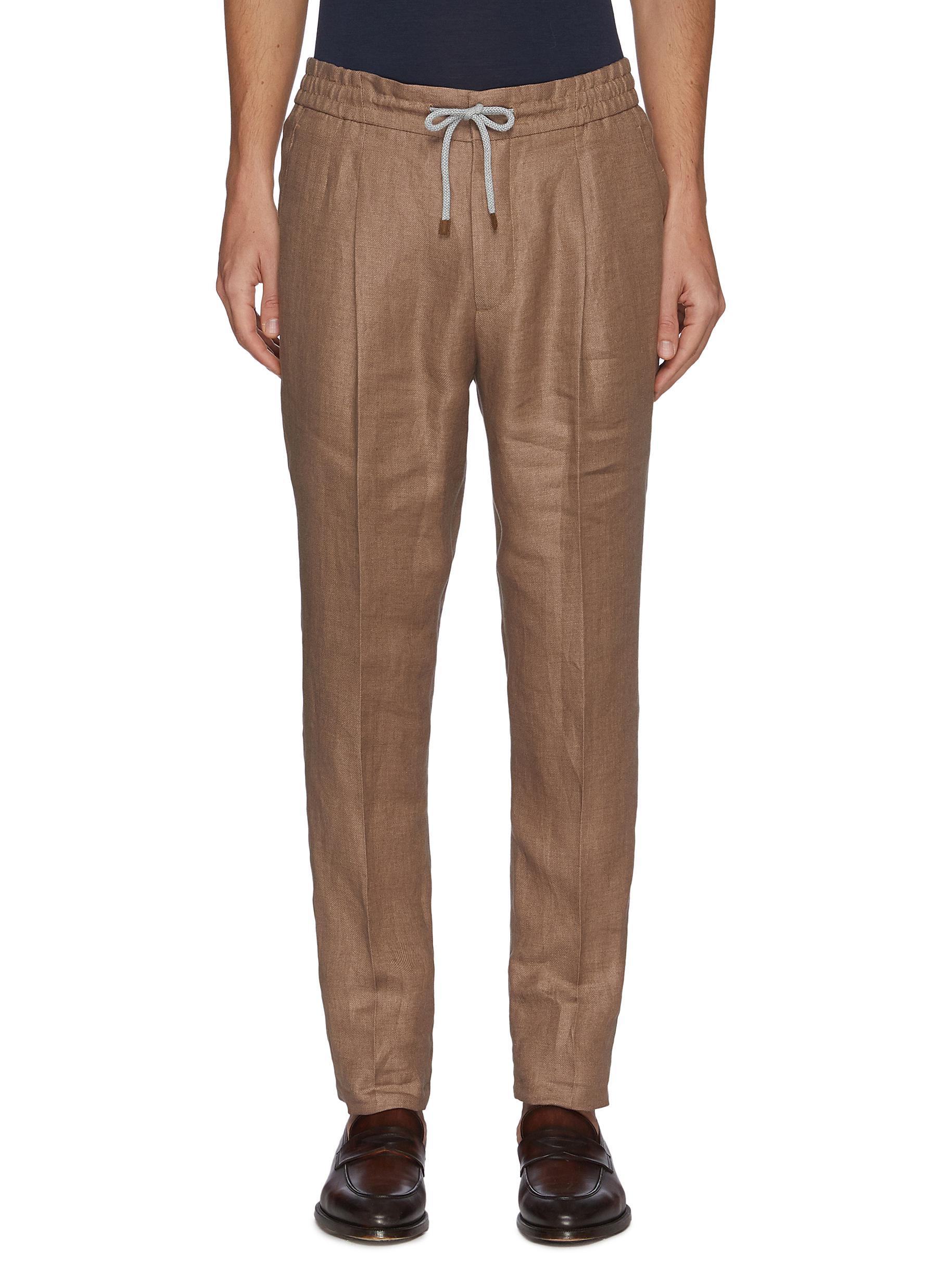 Brunello Cucinelli Elastic Drawstring Waist Linen Wool Blend Pants In