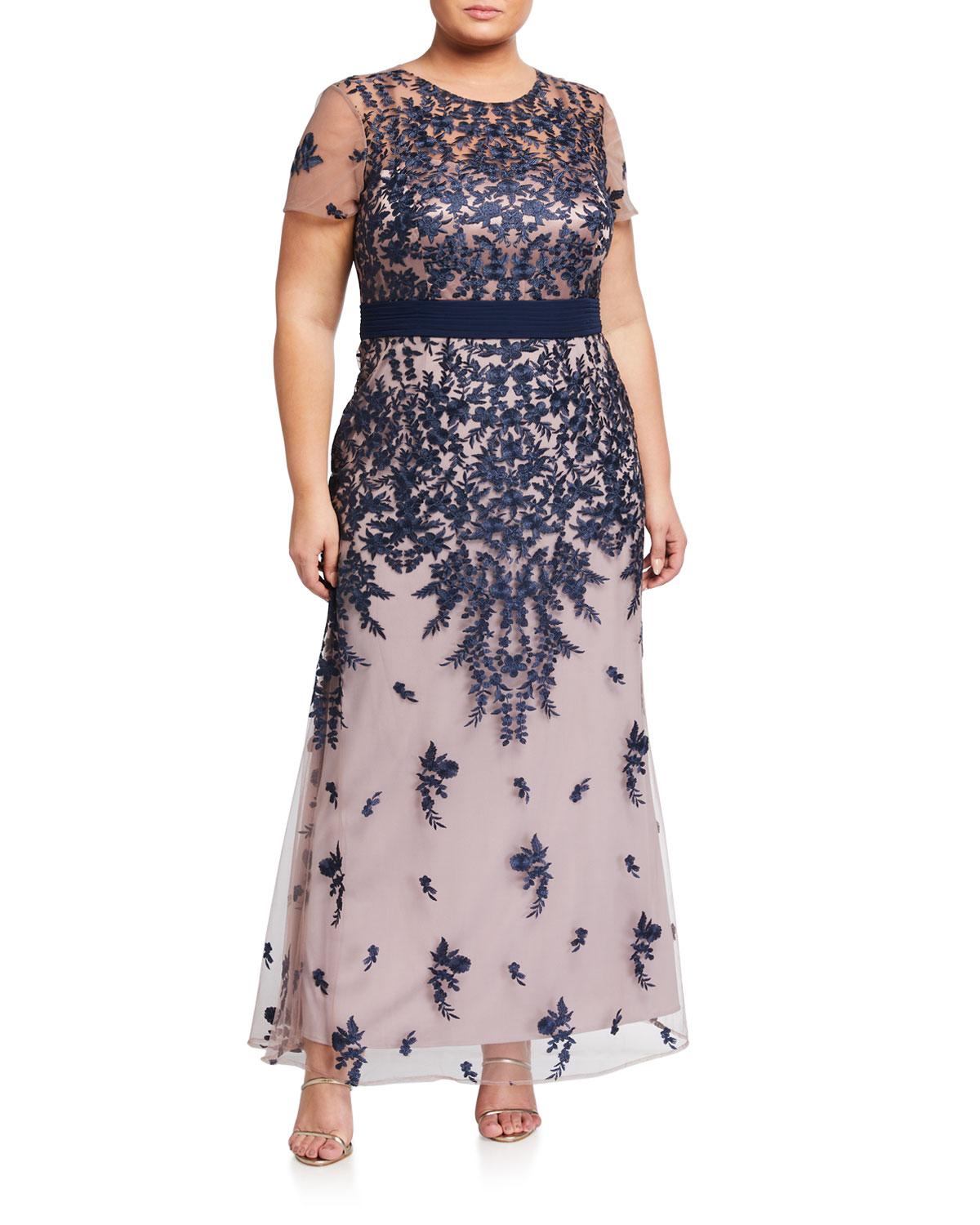 JS Collections Floral Embroidered Evening Dress in Navy Taupe (Blue ...