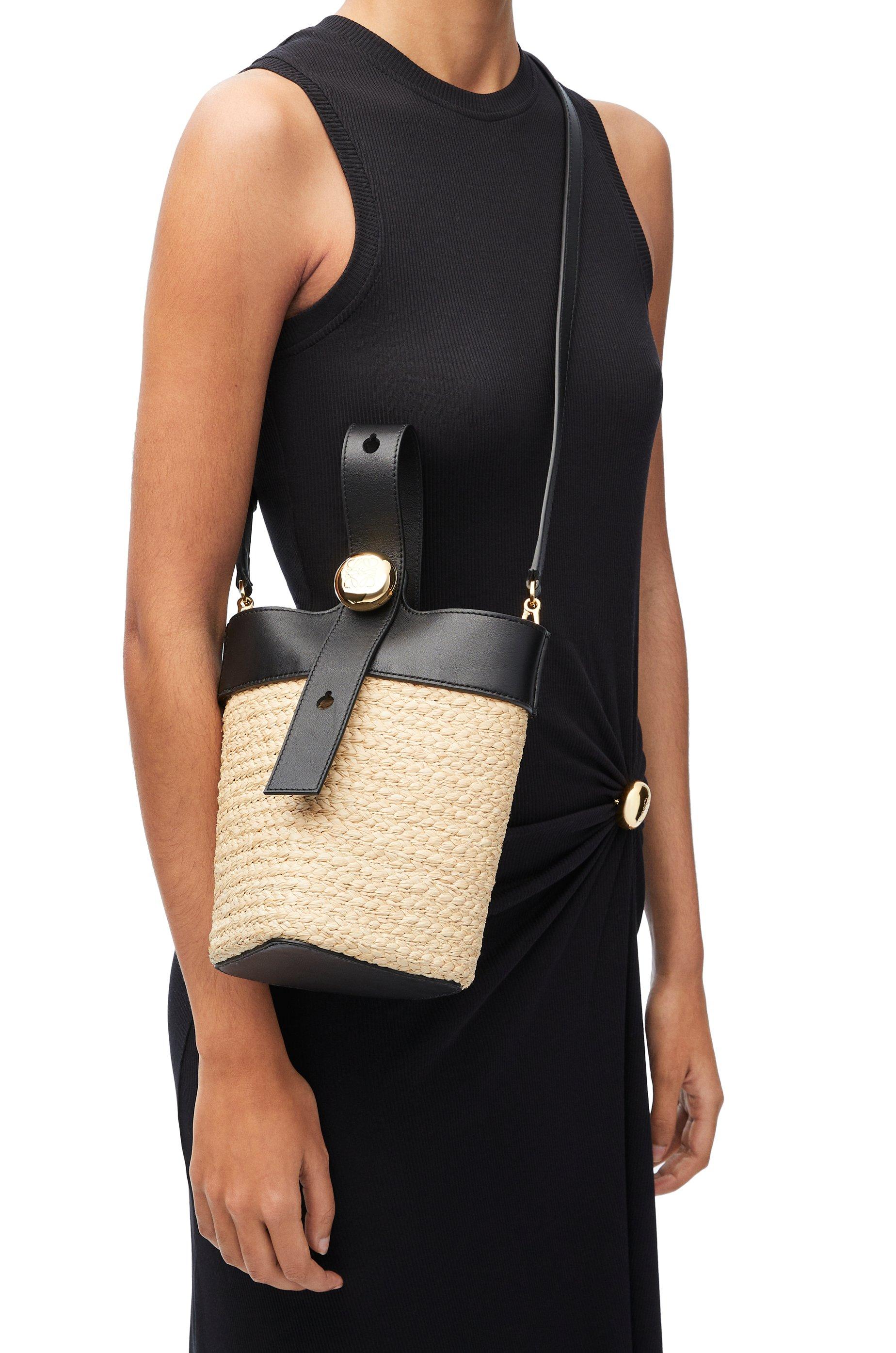 Loewe Luxury Mini Pebble Bucket Bag In Raffia And Calfskin in Black | Lyst