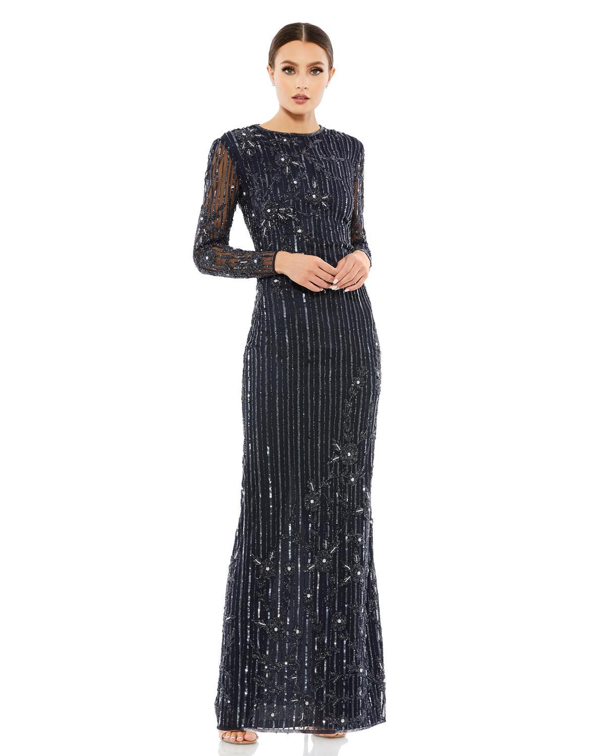 Mac Duggal Embellished High Neck Illusion Long Sleeve Gown In Blue Lyst