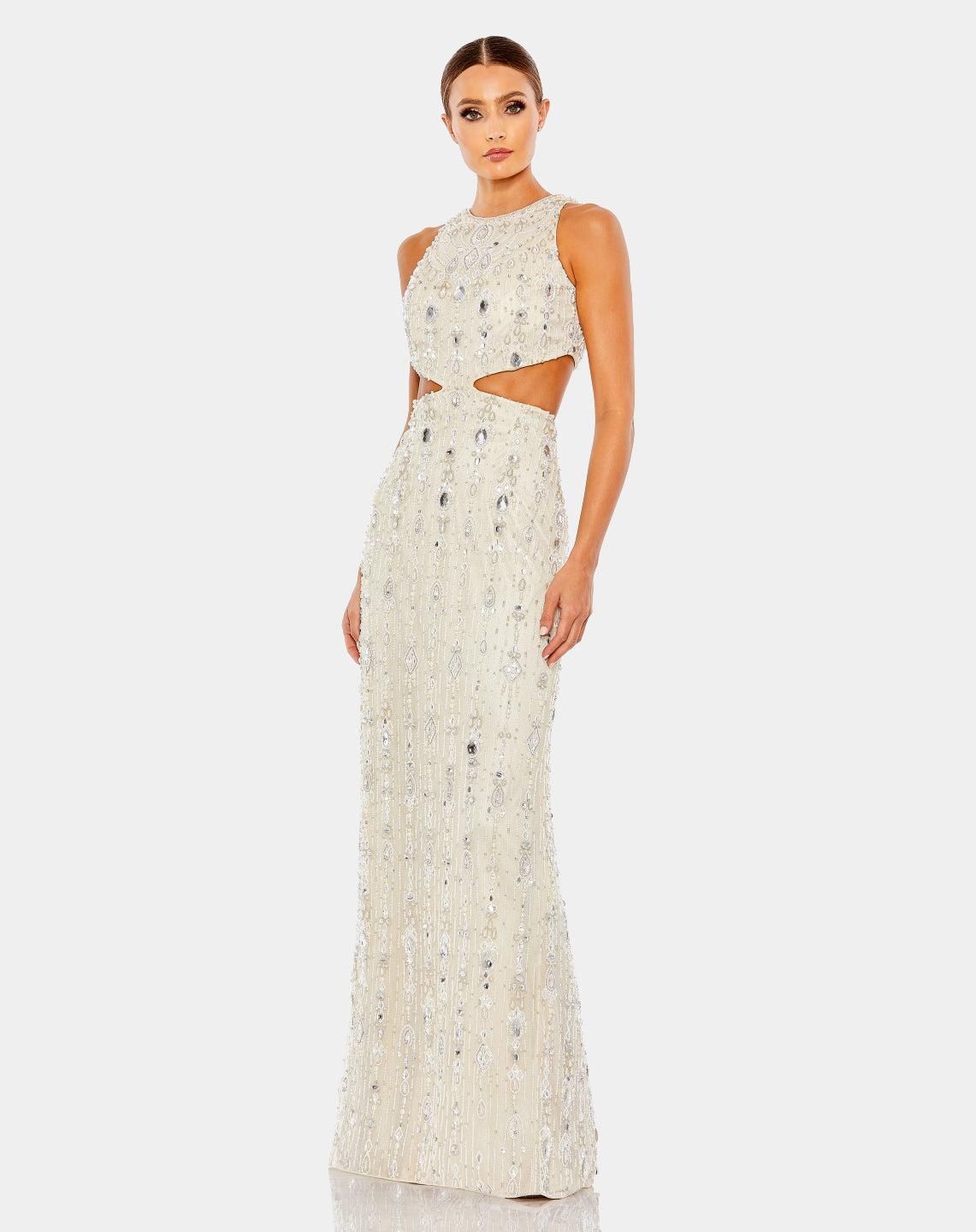 Mac Duggal Pearl Embellished High Neck Cut Out Gown In White Lyst