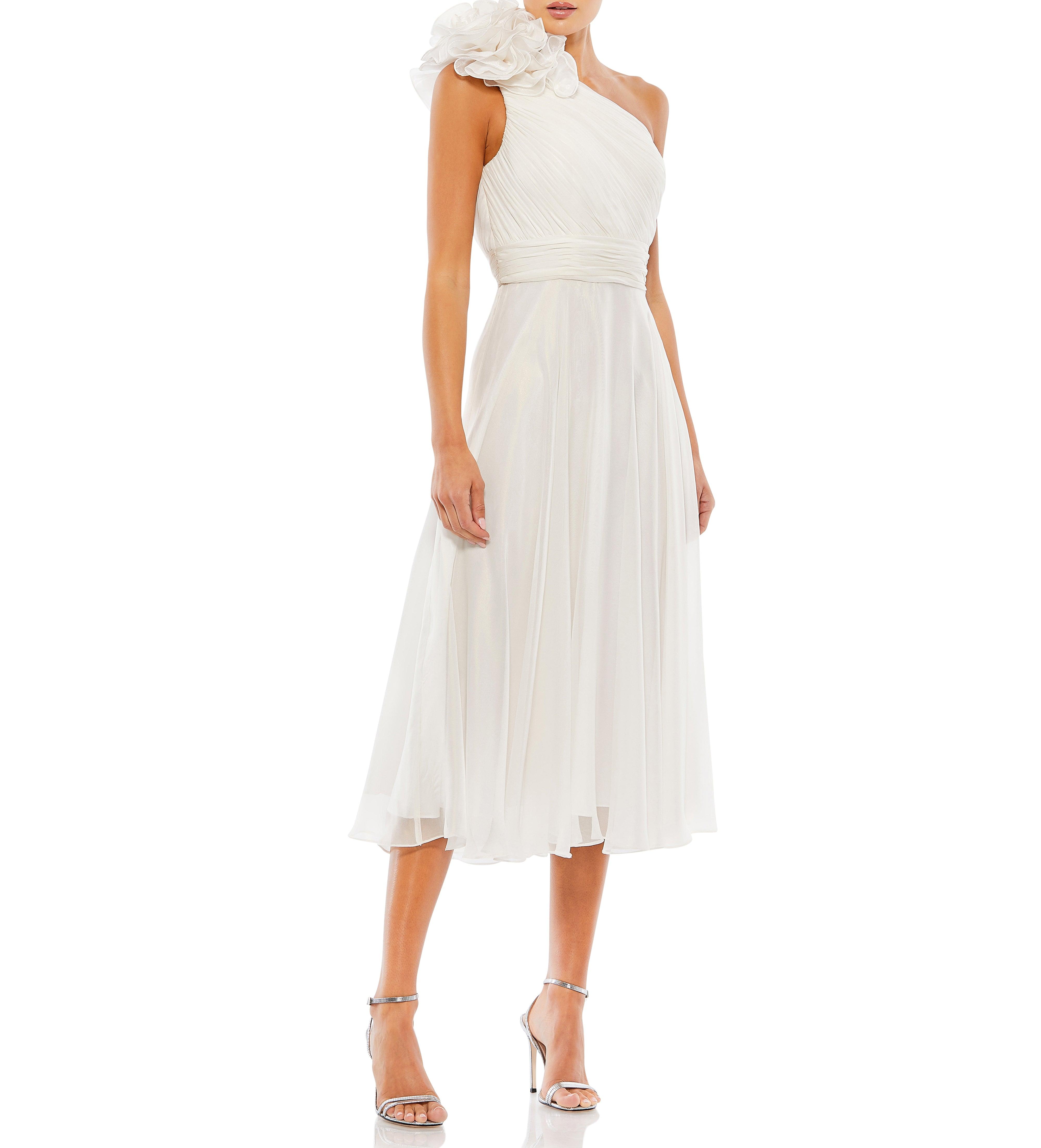 Mac Duggal One Shoulder Tea Length Dress In White Lyst