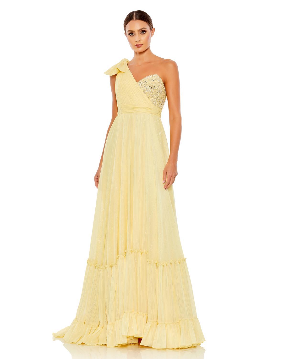 Mac Duggal Embellished Soft Tie One Shoulder Ruffle Gown In Yellow Lyst