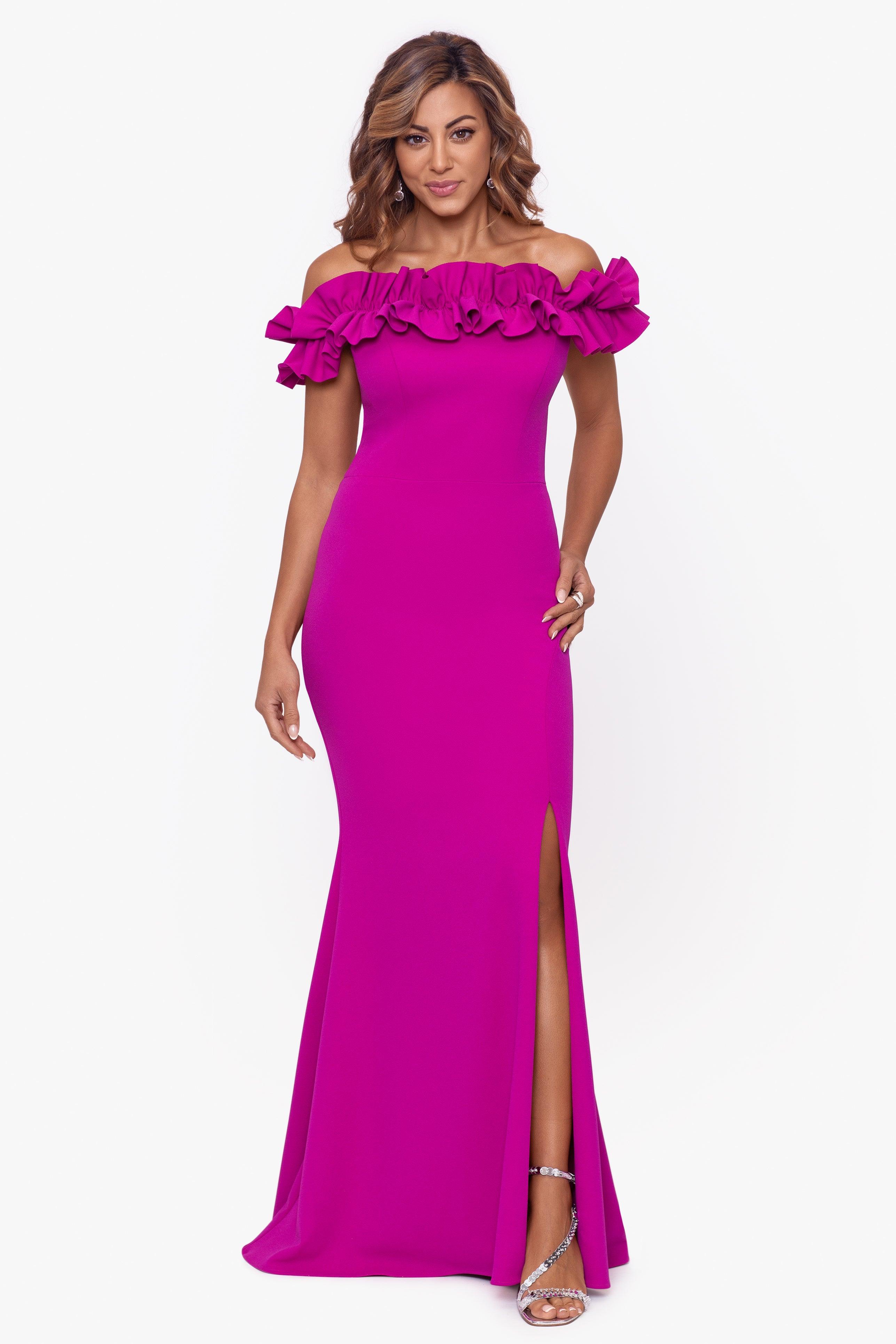 Xscape Long Crepe Off The Shoulder Ruffle Gown In Pink Lyst