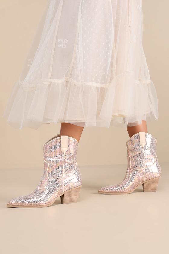 Dolce Vita Runa Cream Sequin Western Ankle Booties in Natural | Lyst