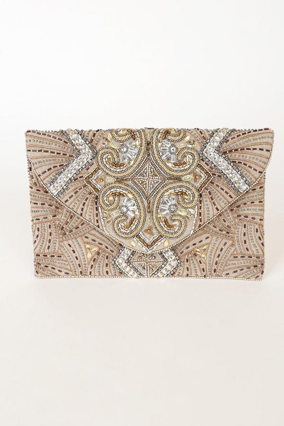 Lulus Sparkling Evening Beaded Clutch in Natural | Lyst