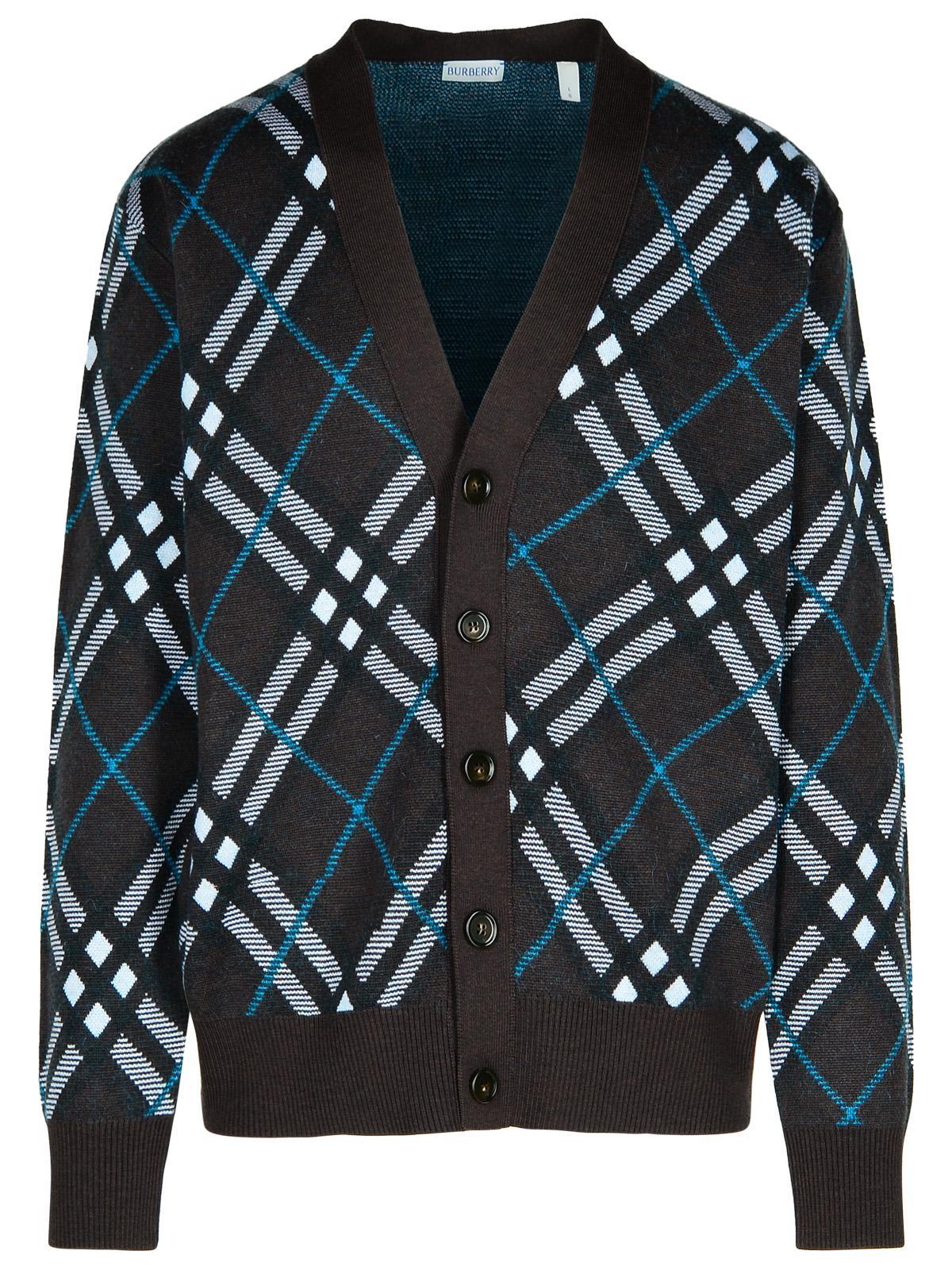 Burberry 'Check' Wool Cardigan in Blue for Men | Lyst
