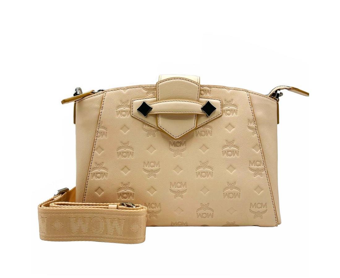 MCM ' Monogram Leather Essential Tote Crossbody Bag/Peach in Metallic ...
