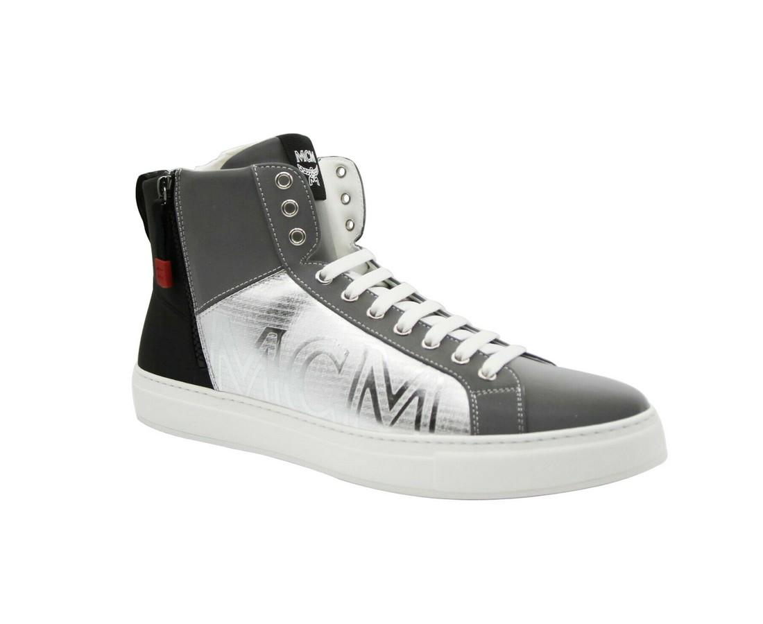 MCM Reflective Leather Logo Hi Top Sneaker () in Gray for Men | Lyst