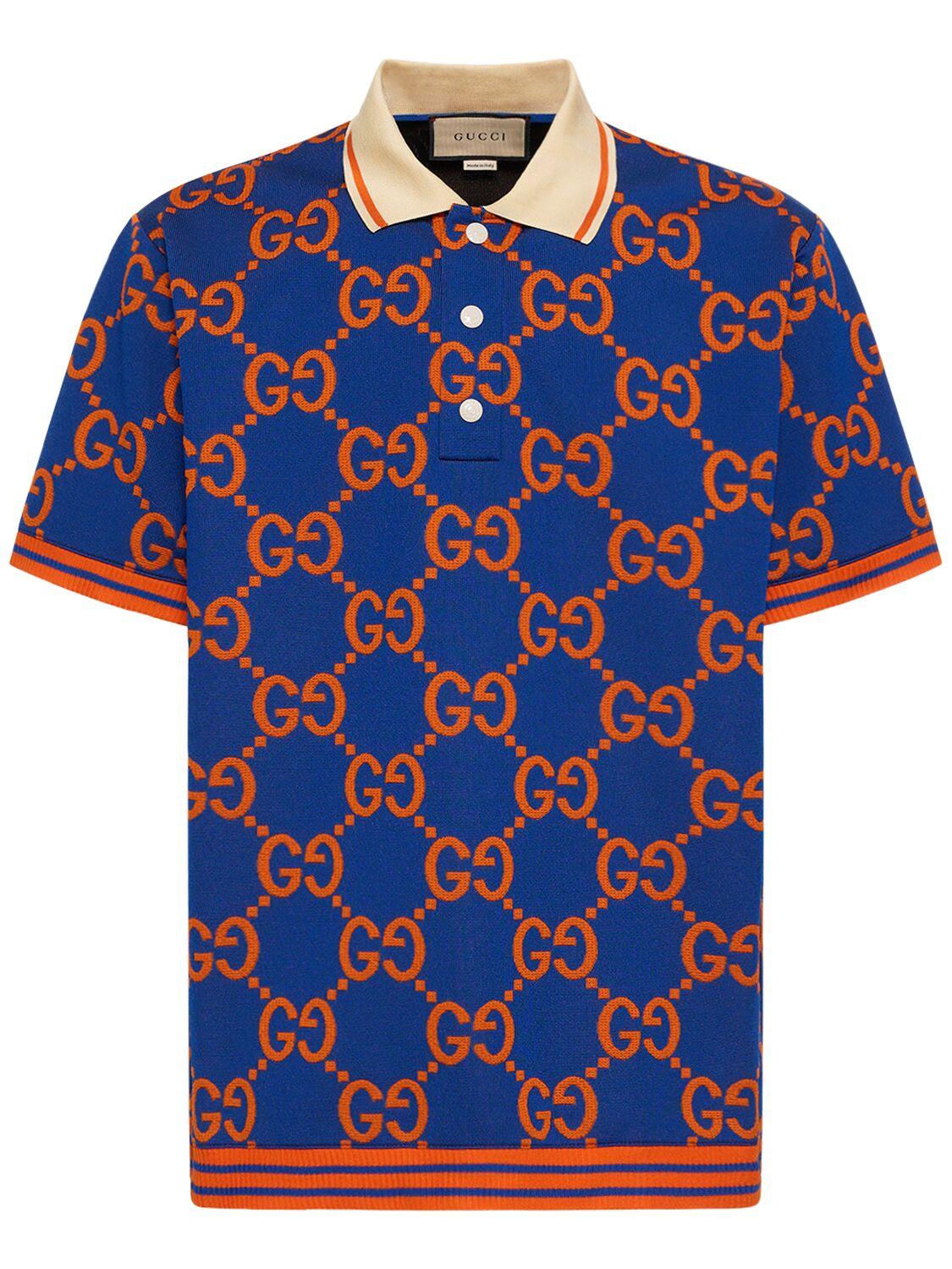Gucci Monogram-print Stretch-woven Blend Polo Shirt in Blue for Men | Lyst