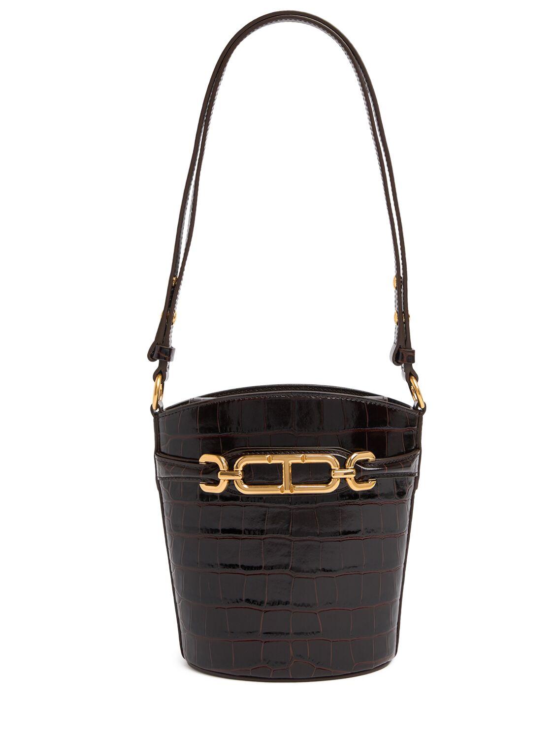 Tom Ford Small Shiny Stamped Croc Bucket Bag in Black | Lyst