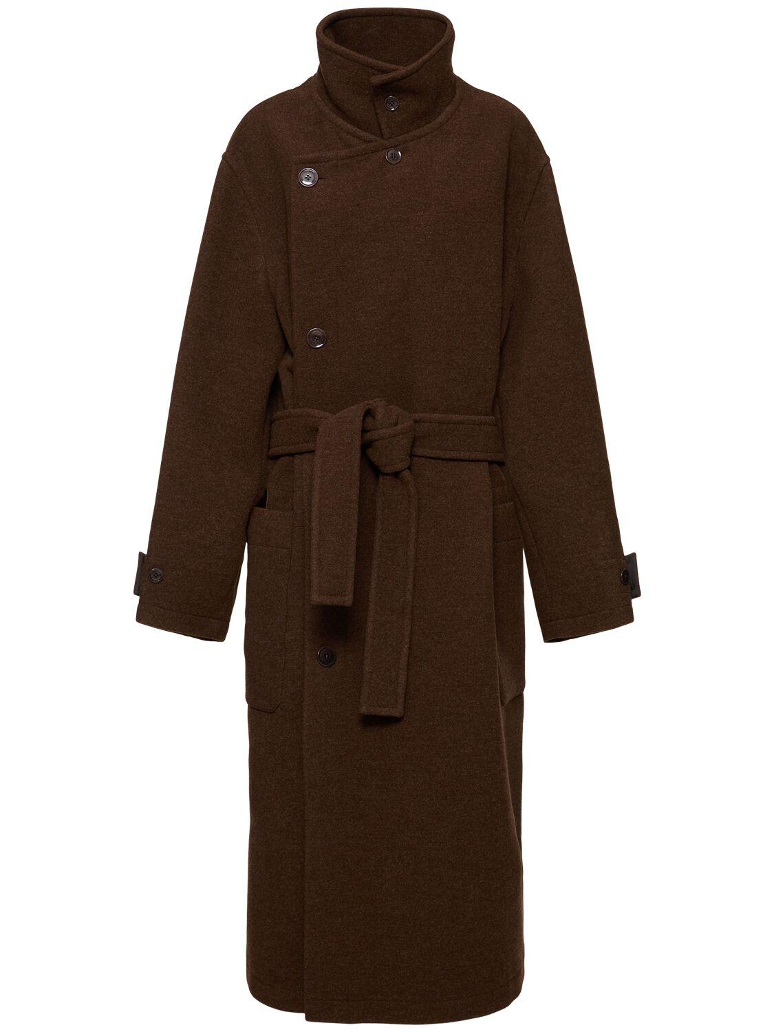 Lemaire Belted Double Wool Long Coat Dark in Brown | Lyst