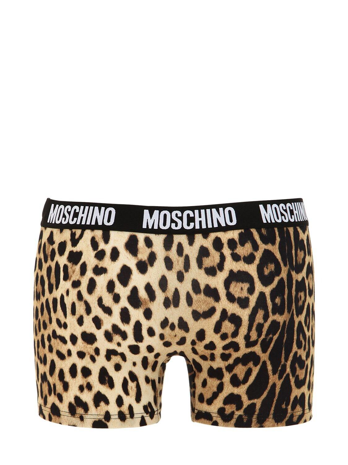 Moschino Leopard Print Cotton Boxer Briefs In Black Brown Black For