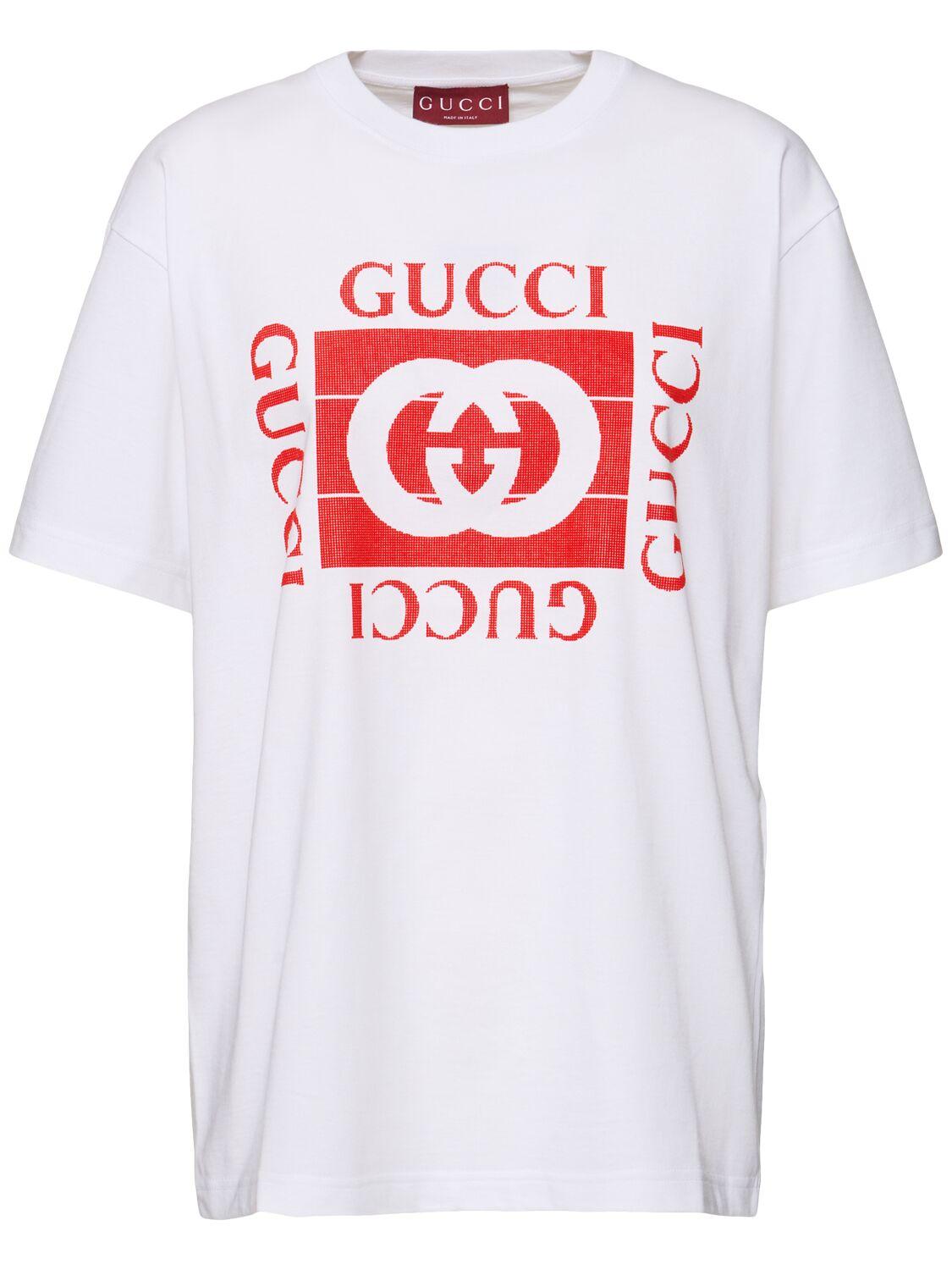 Gucci Interlocking G Print Cotton T-shir in White | Lyst