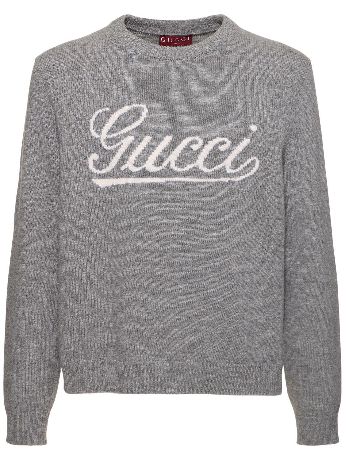 Gucci Logo Wool Knit Sweater in Gray for Men | Lyst