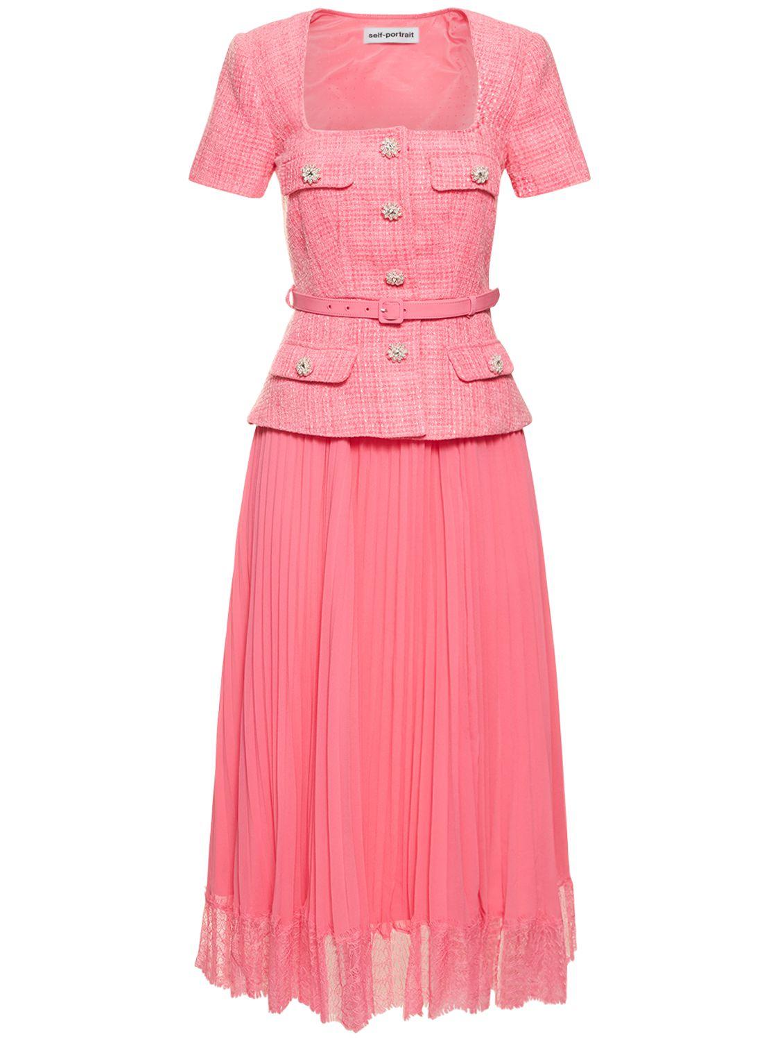 Self-Portrait Embellished Lace-trimmed Pleated Chiffon And Bouclé Midi ...