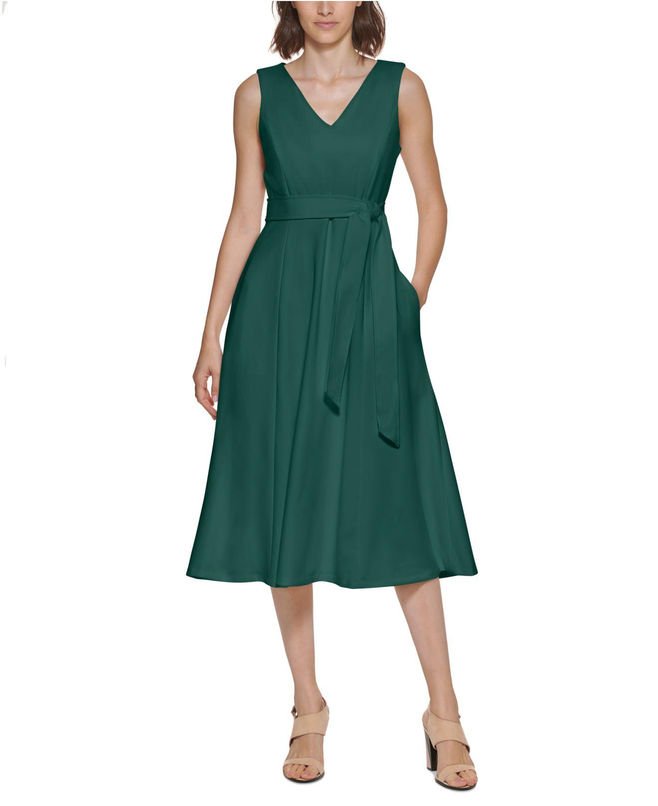 Calvin Klein V Neck Sleeveless Belted Dress In Green Lyst