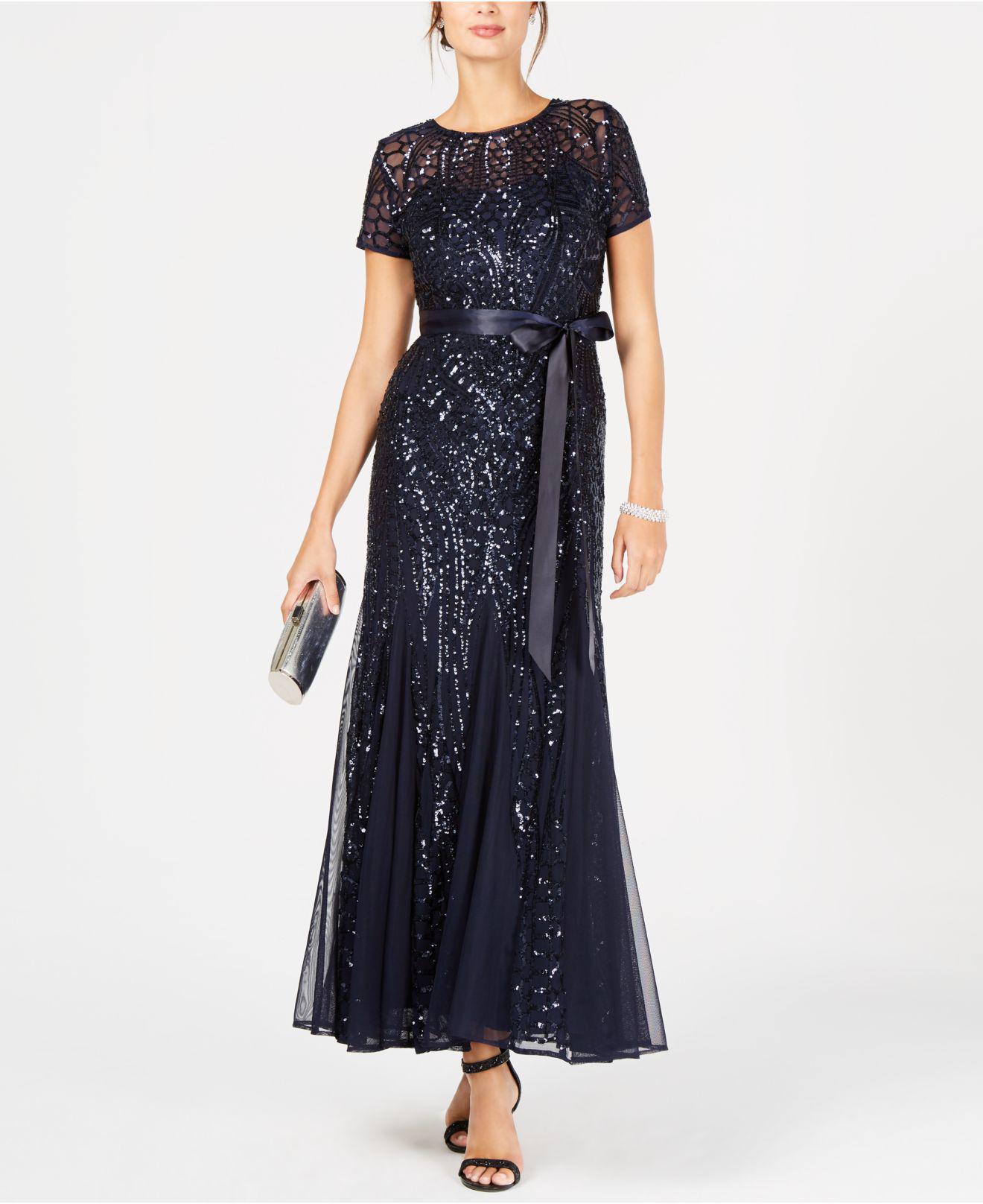 R And M Richards Satin Sequin Embellished Pleated Gown In Navy Blue
