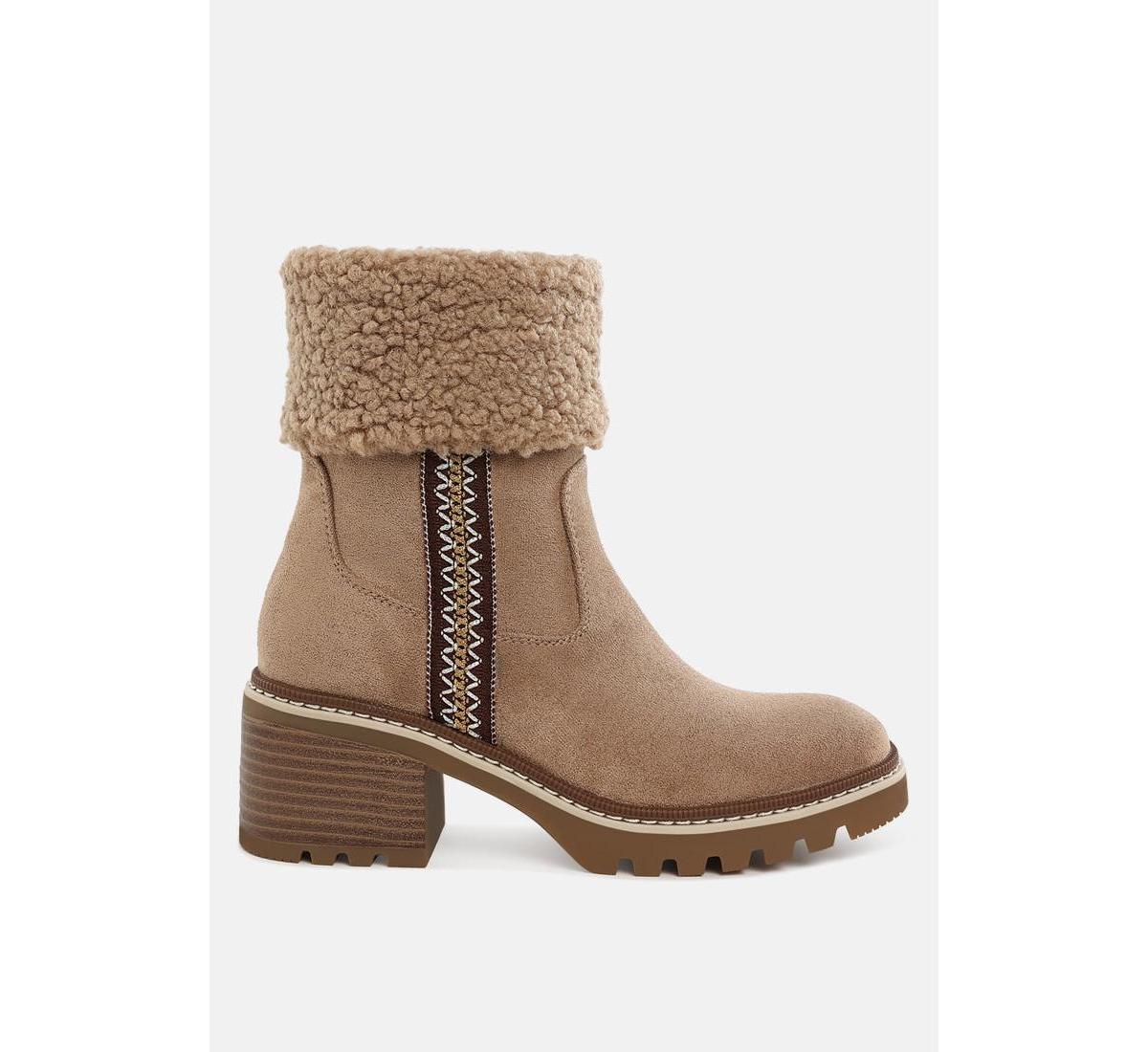 LONDON RAG Woolly Faux Fur & Embroidery Detail Boots in Natural | Lyst