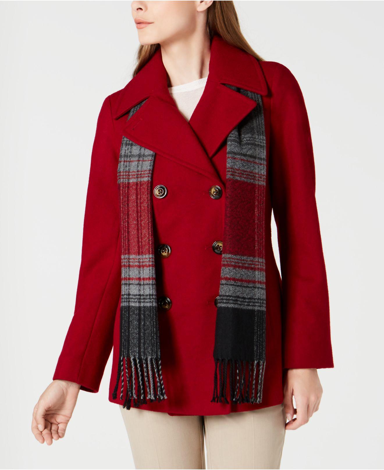 London Fog Wool Double Breasted Plaid Scarf Peacoat In Red Save 17