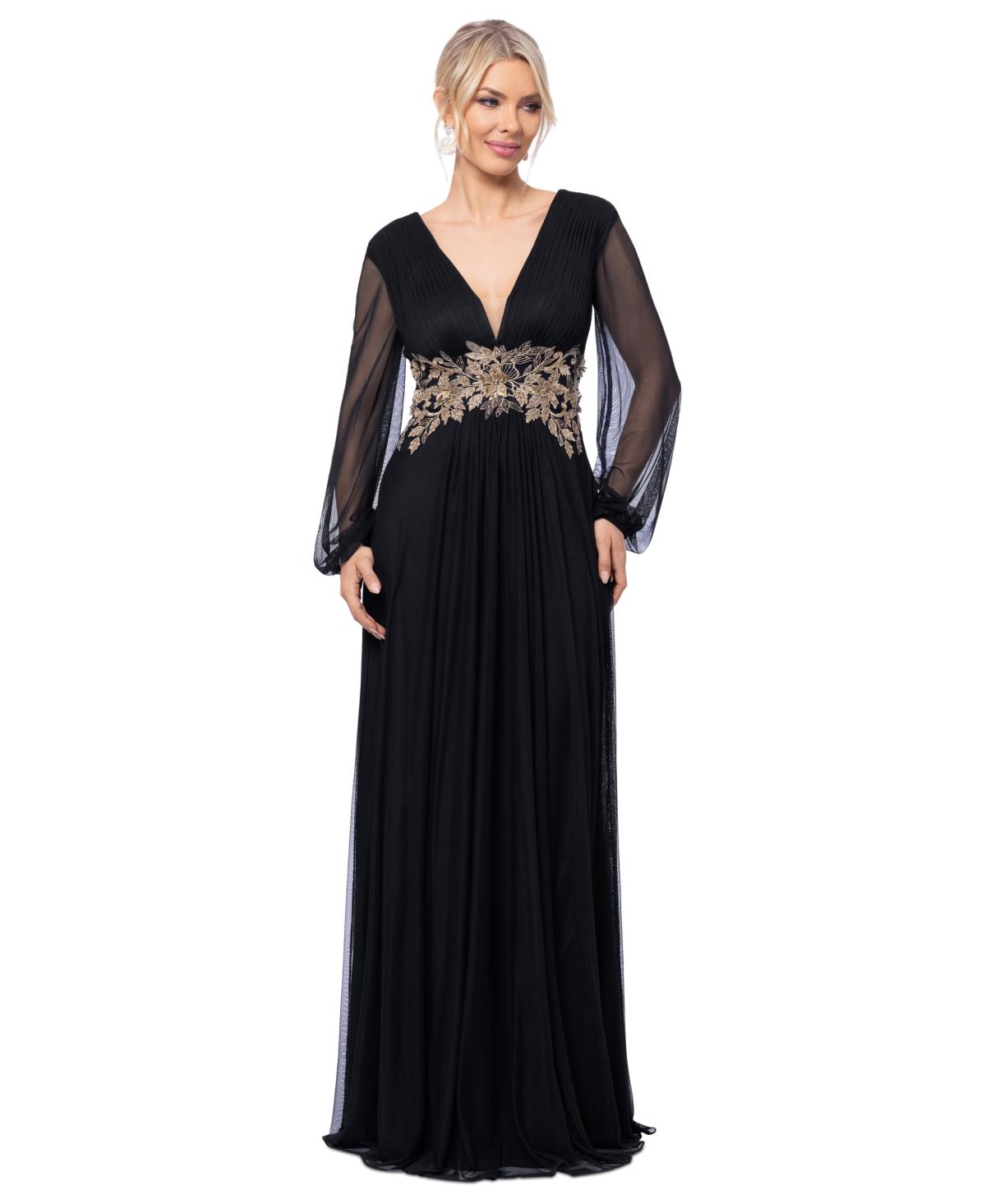 Betsy & Adam Plunge-neck Blouson-sleeve Gown in Black | Lyst