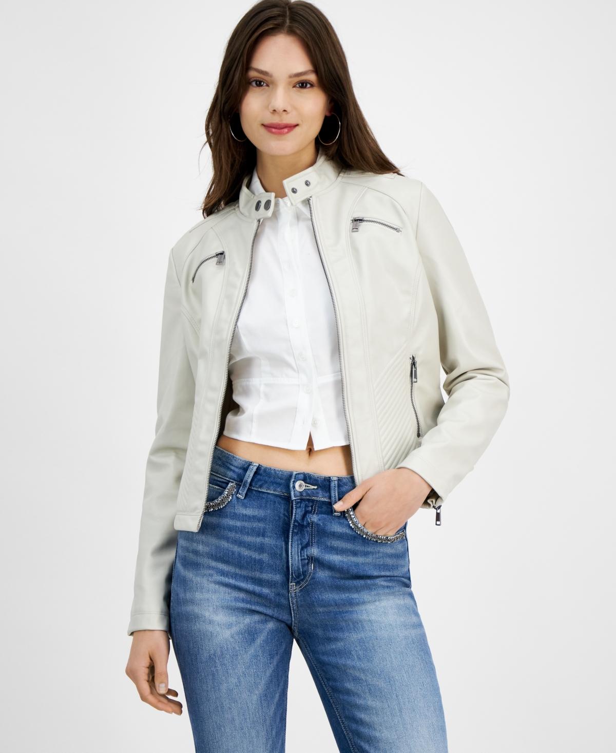 Guess Quilted Zippered Faux-leather Moto Jacket in Blue | Lyst