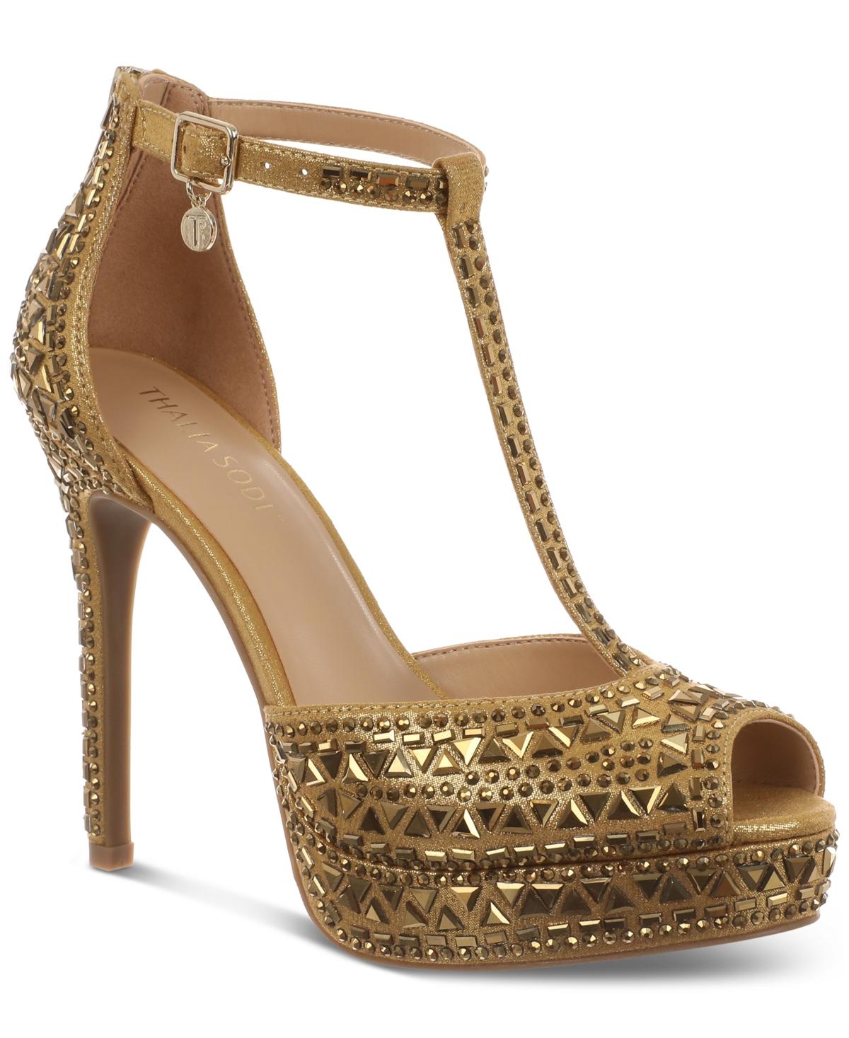 Thalia Sodi Chacey Embellished T-strap Platform Pumps in Metallic | Lyst