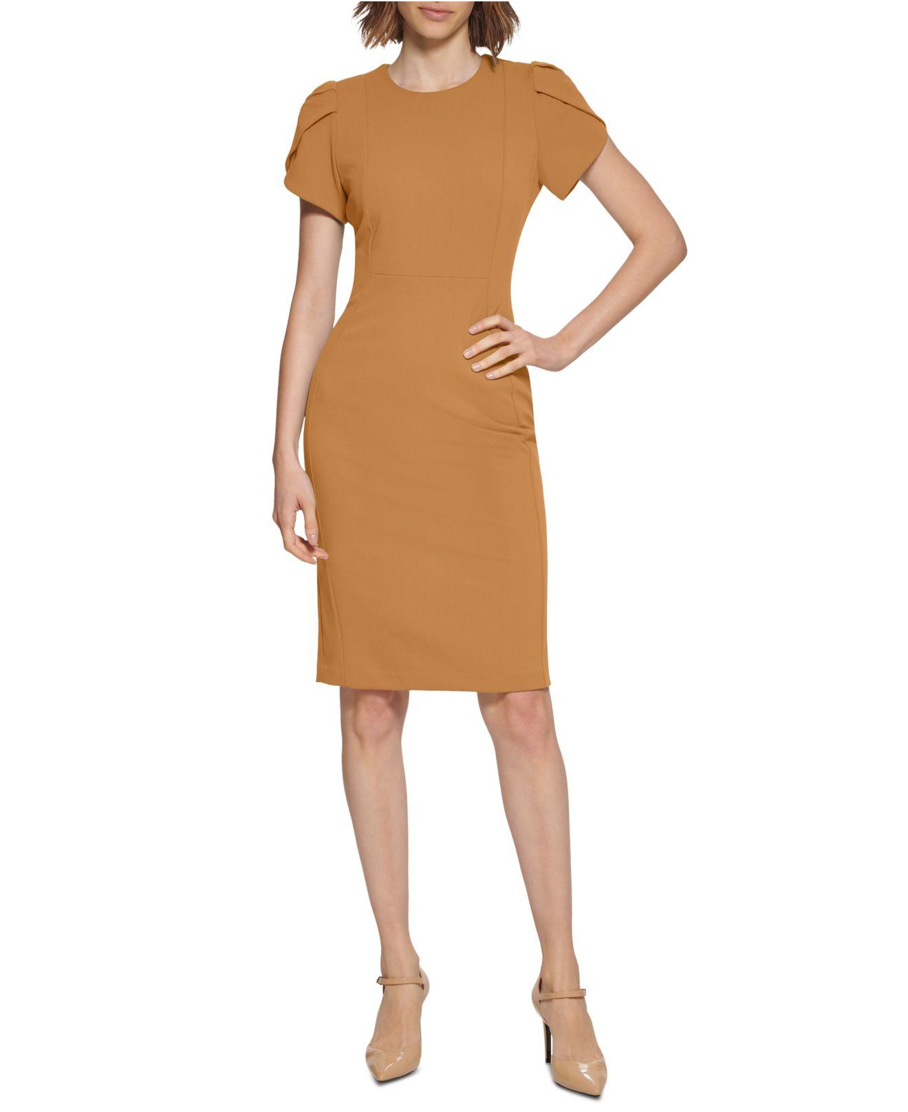 Calvin Klein Tulip Sleeve Scuba Crepe Sheath Dress In Natural Lyst
