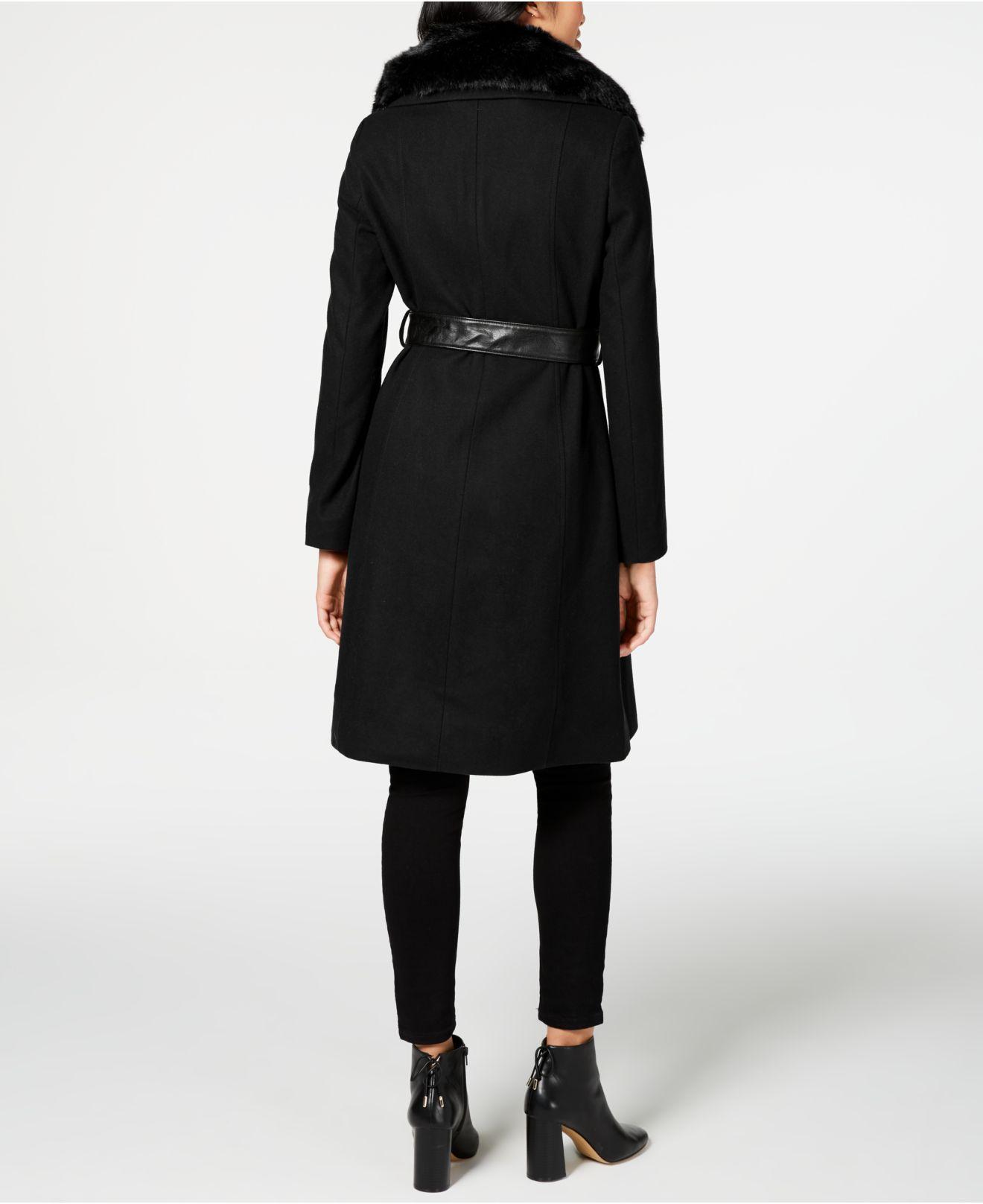 French Connection Faux-fur-collar Belted Coat With Faux-leather Trim in ...