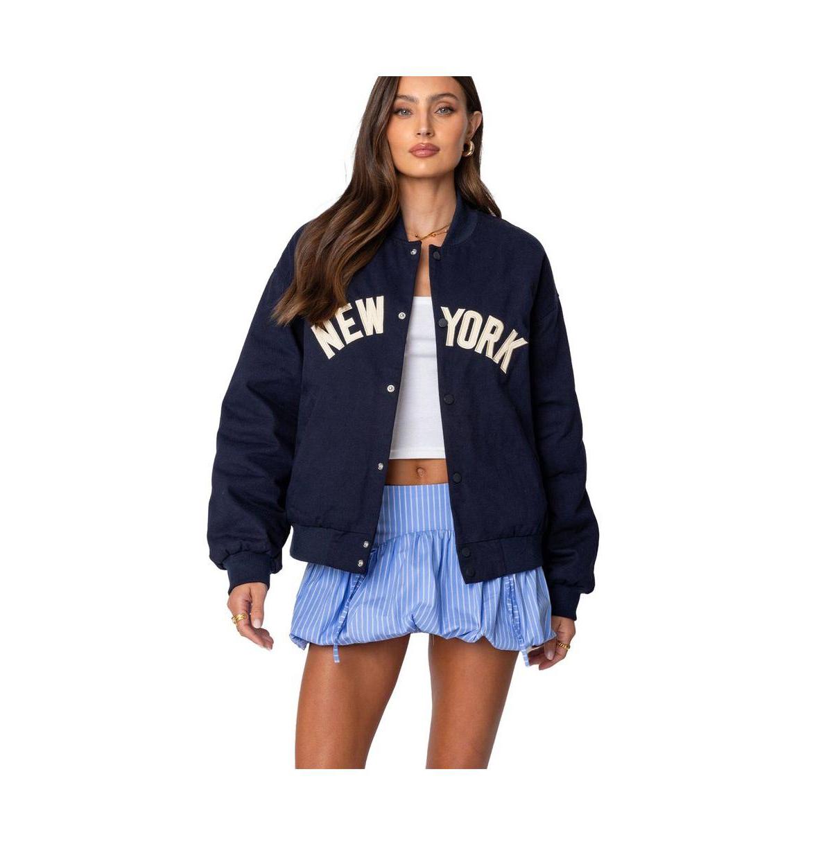 Edikted Big Apple Oversized Bomber Jacket in Blue | Lyst