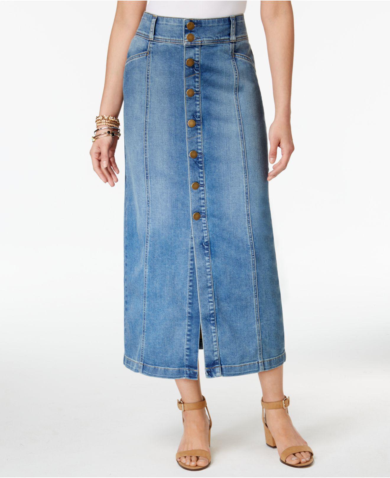 Style And Co Button Front Denim Skirt In Blue Lyst
