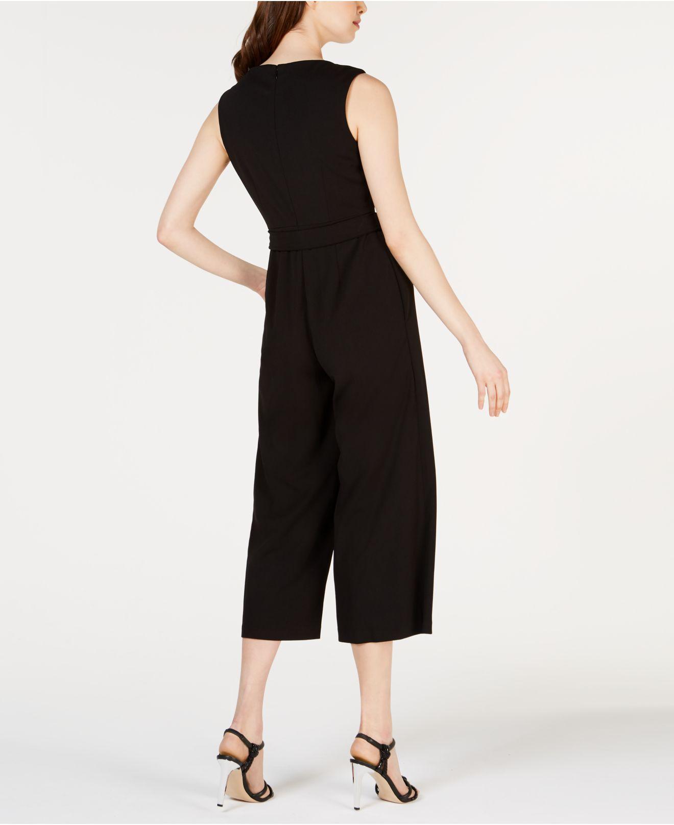 Calvin Klein Synthetic V Neck Belted Cropped Jumpsuit In Black Lyst
