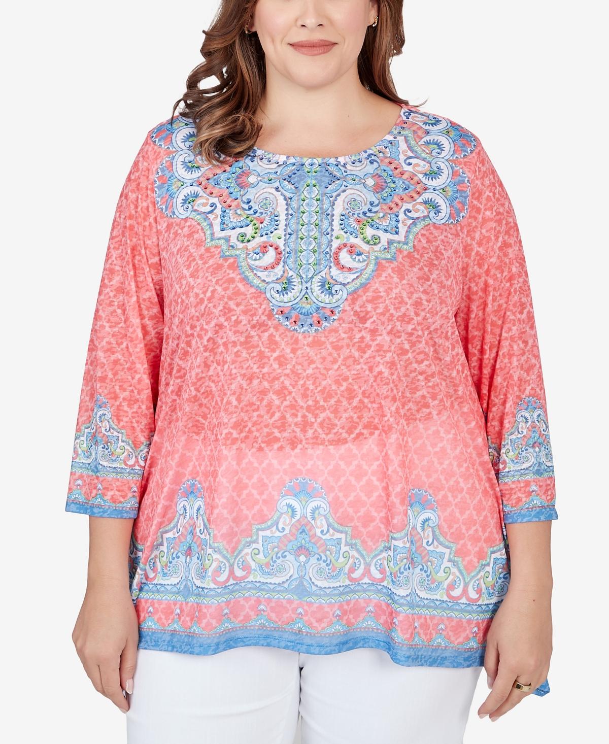 Ruby Rd. Plus Size Embellished Guava Border Print Sublimation Top in ...