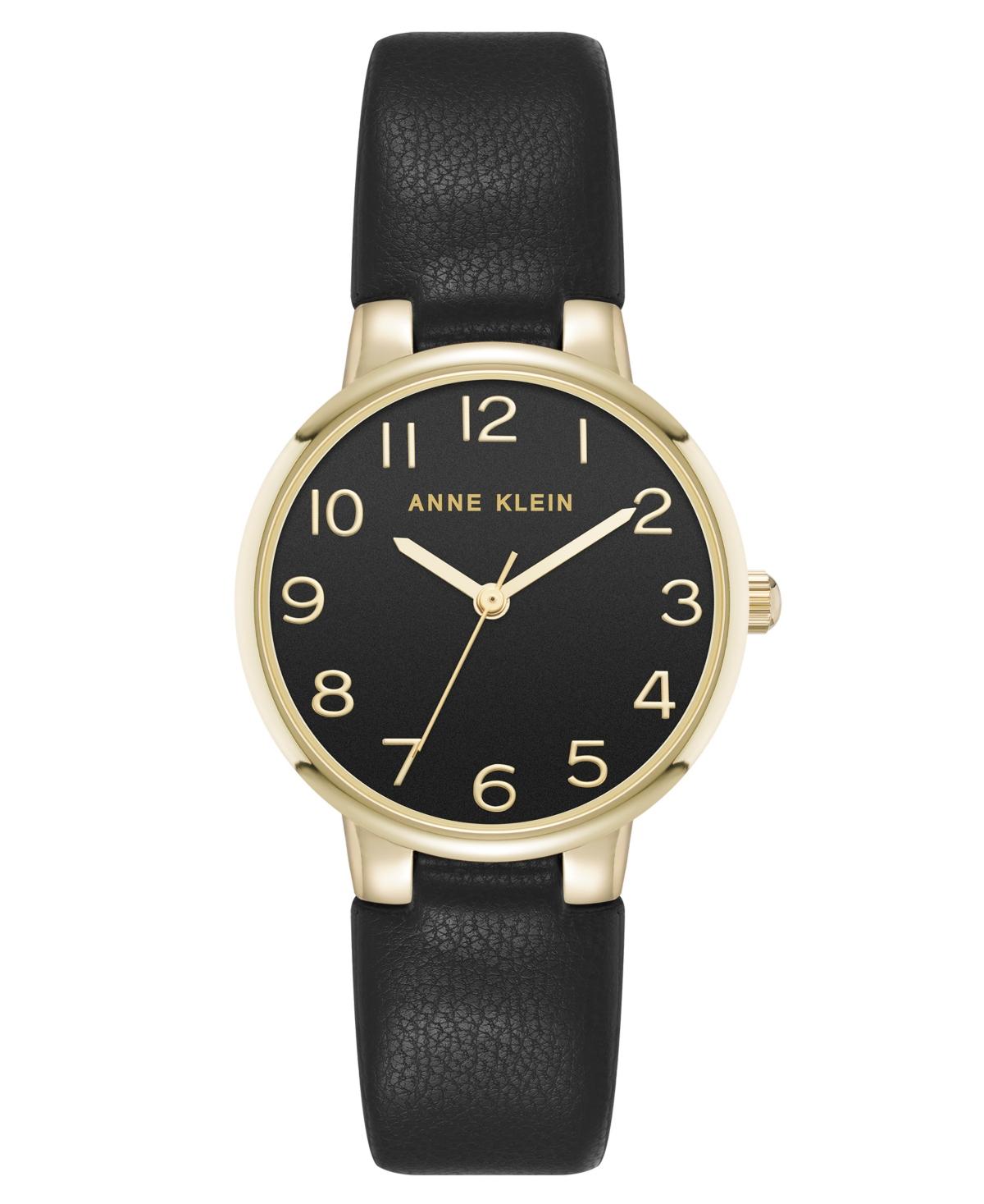 Anne Klein Quartz Easy To Read Black Leather And Gold-tone Alloy Metal ...
