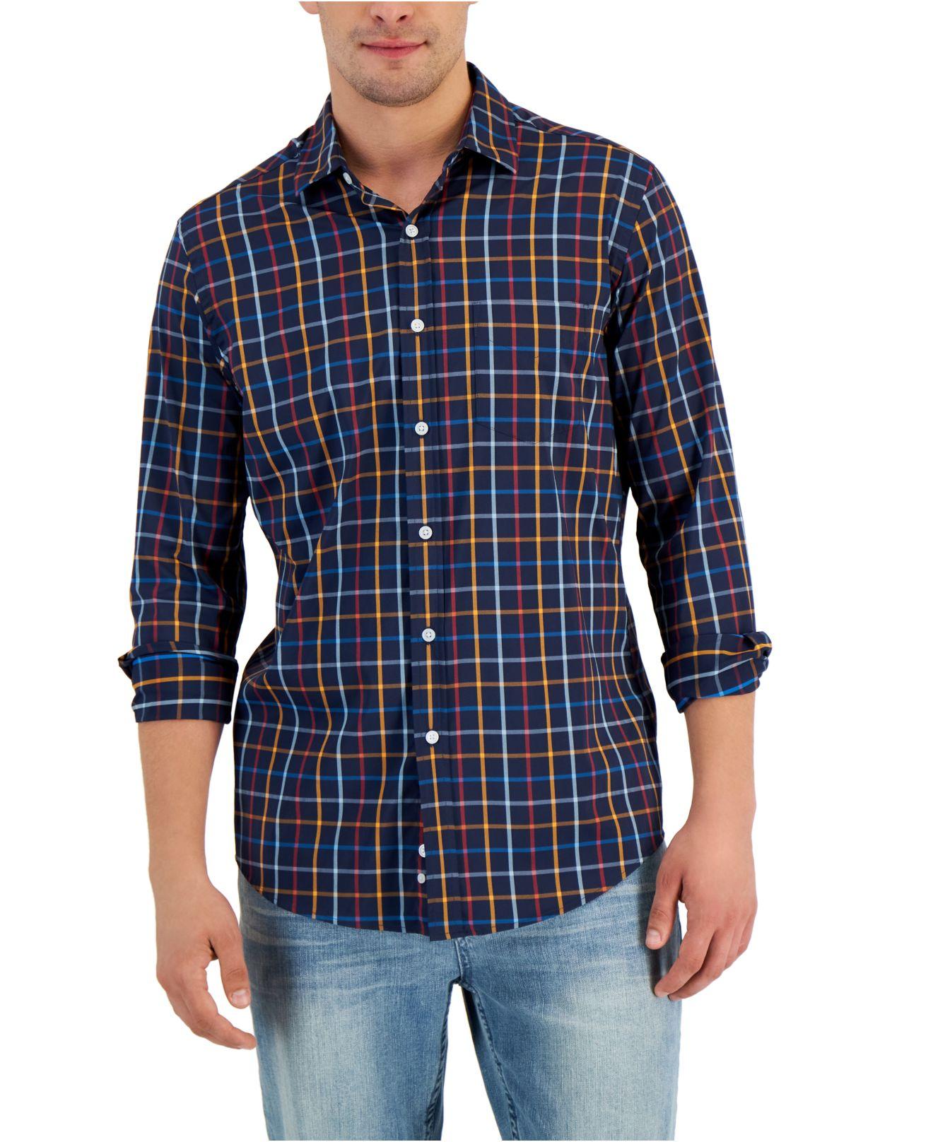 Club Room Plaid Tech Woven Button Up Shirt Created For Macys In Blue