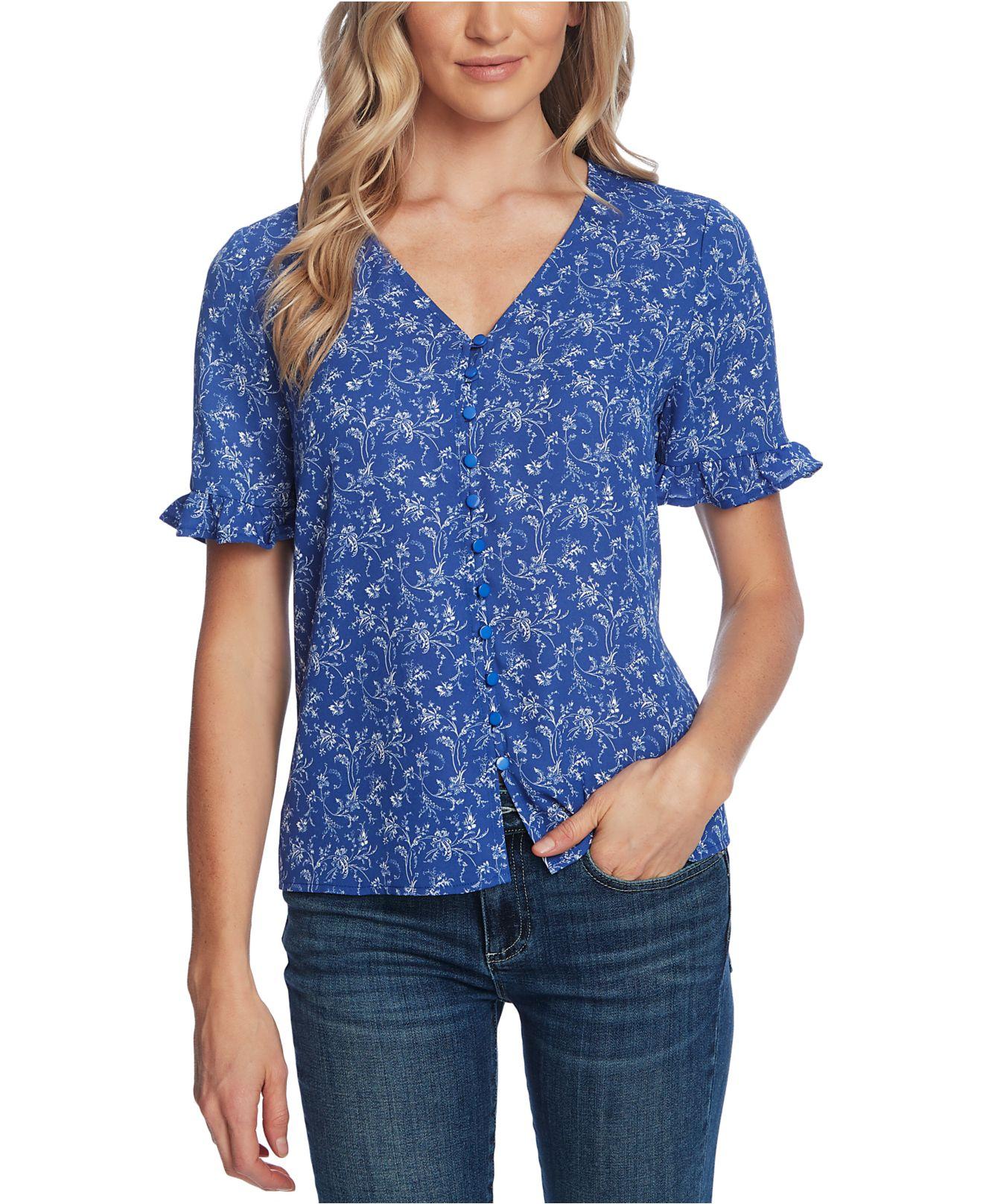 Cece Synthetic Printed Ruffled V-neck Top in Blue - Lyst