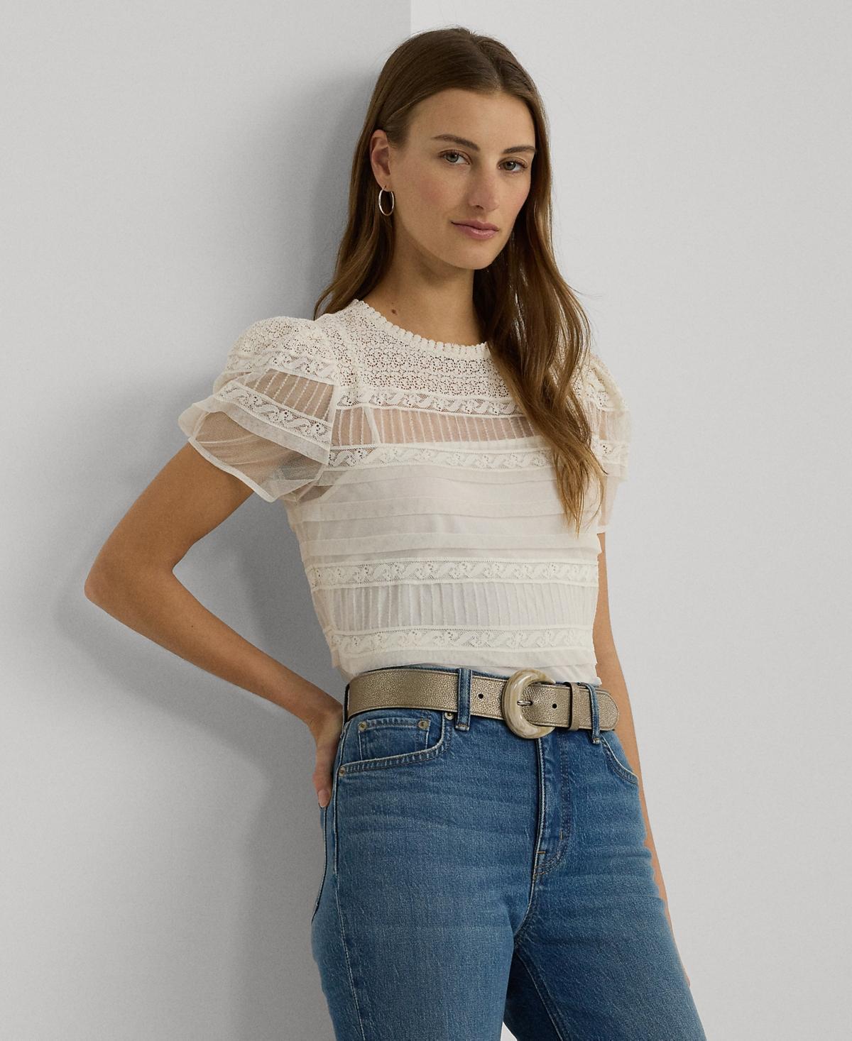 Ralph Lauren Petite Lace & Mesh Puff-sleeve Top in Blue | Lyst