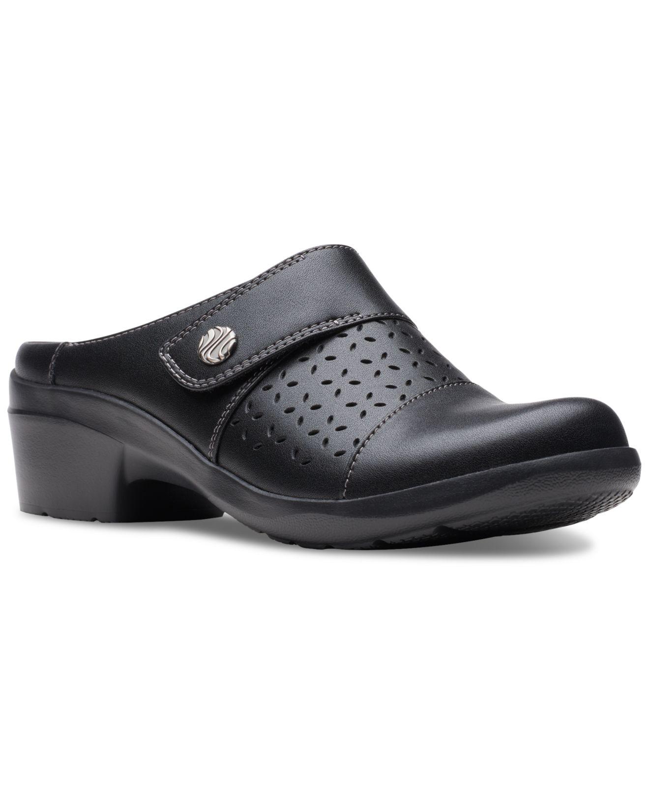 Clarks Angie Maye Perfed Strapped Comfort Clogs in Black | Lyst