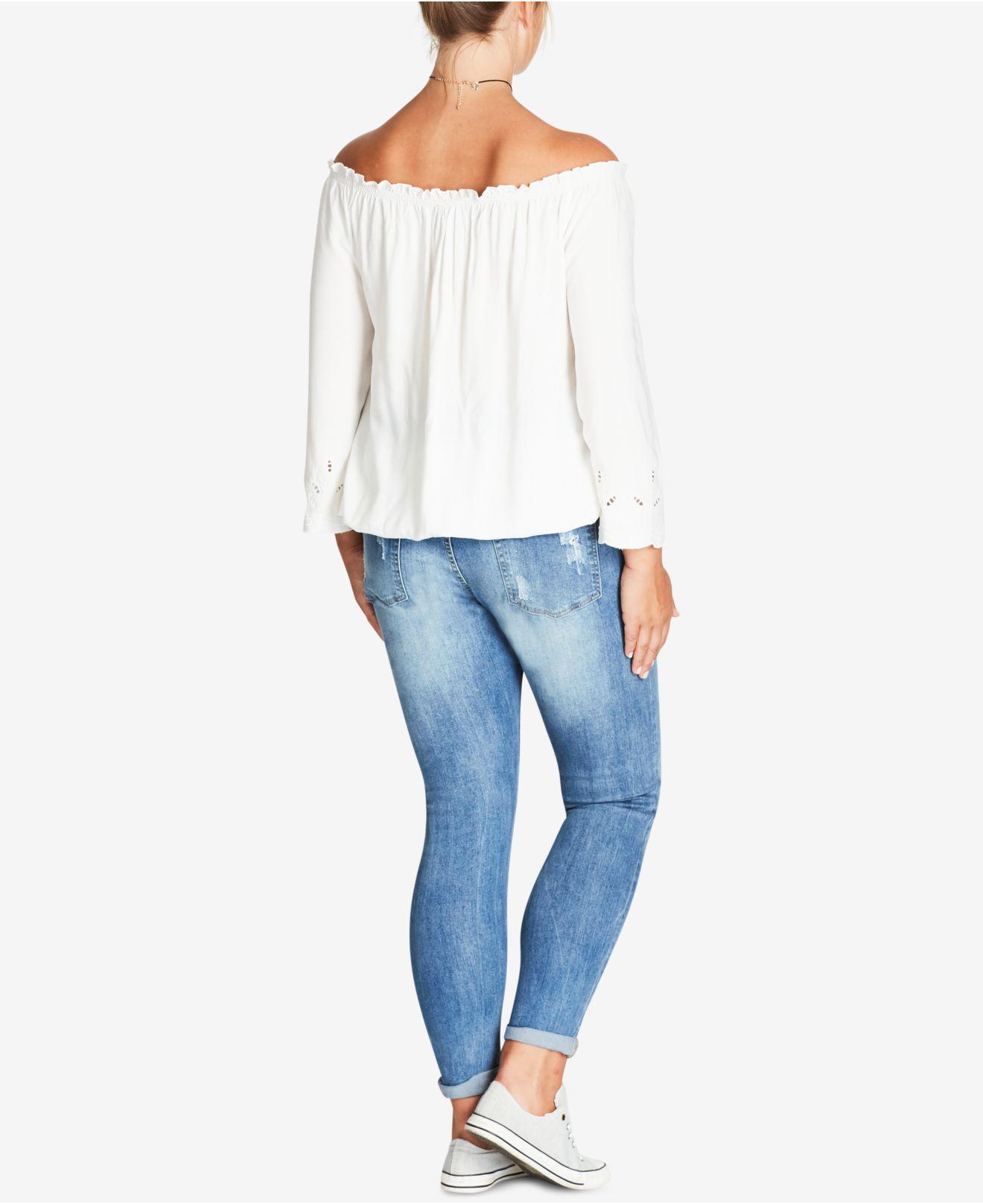 City Chic Trendy Plus Size Off The Shoulder Eyelet Top In Ivory White