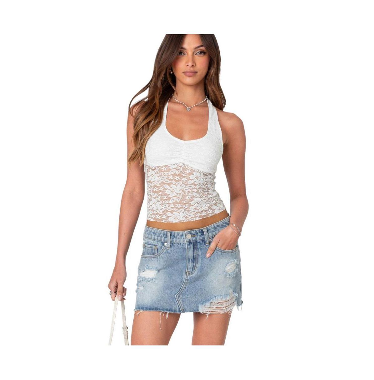 Edikted Tia Sheer Lace Halter Top in Blue | Lyst