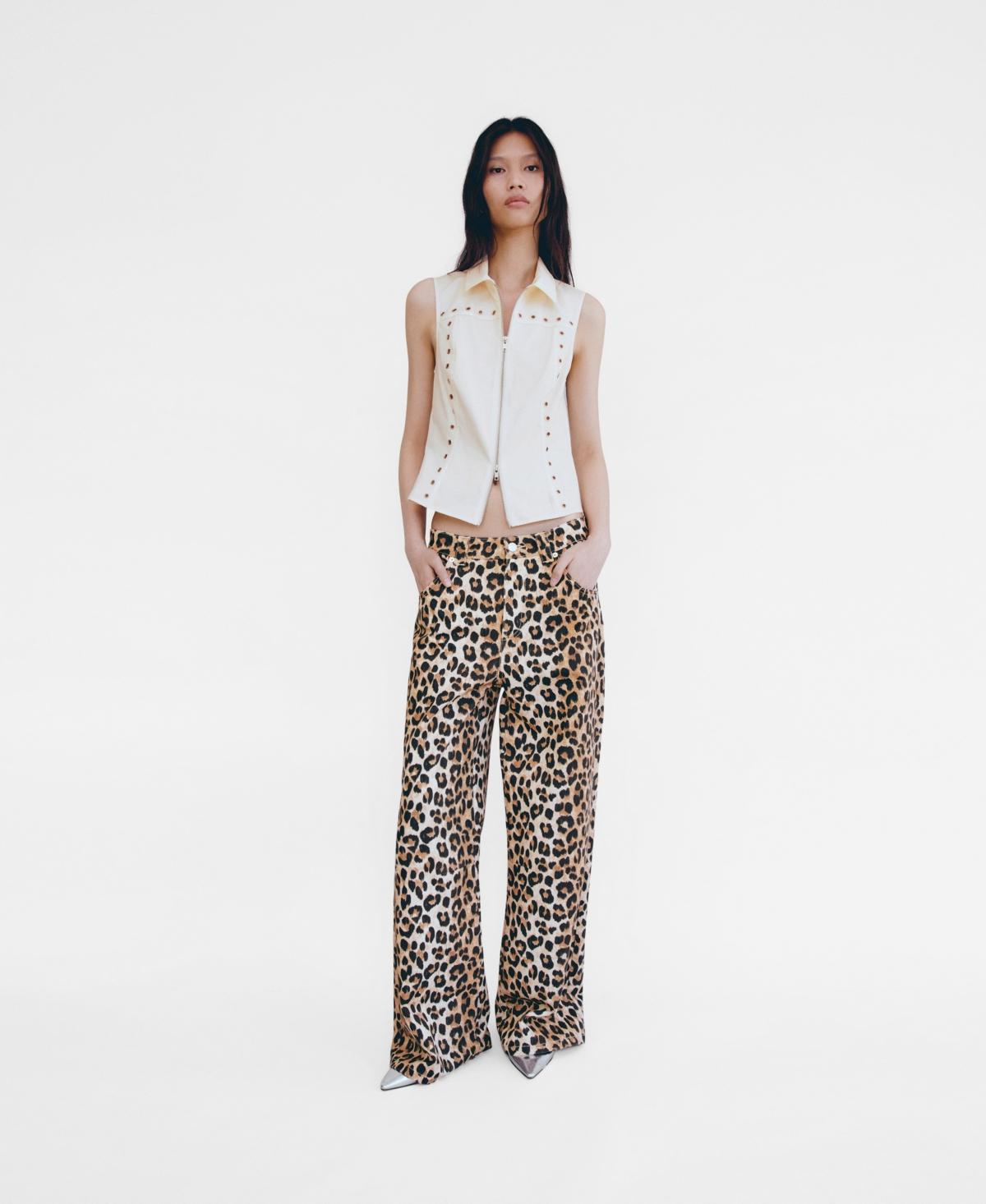 Mango Leopard-print Wide Leg Jeans in White | Lyst