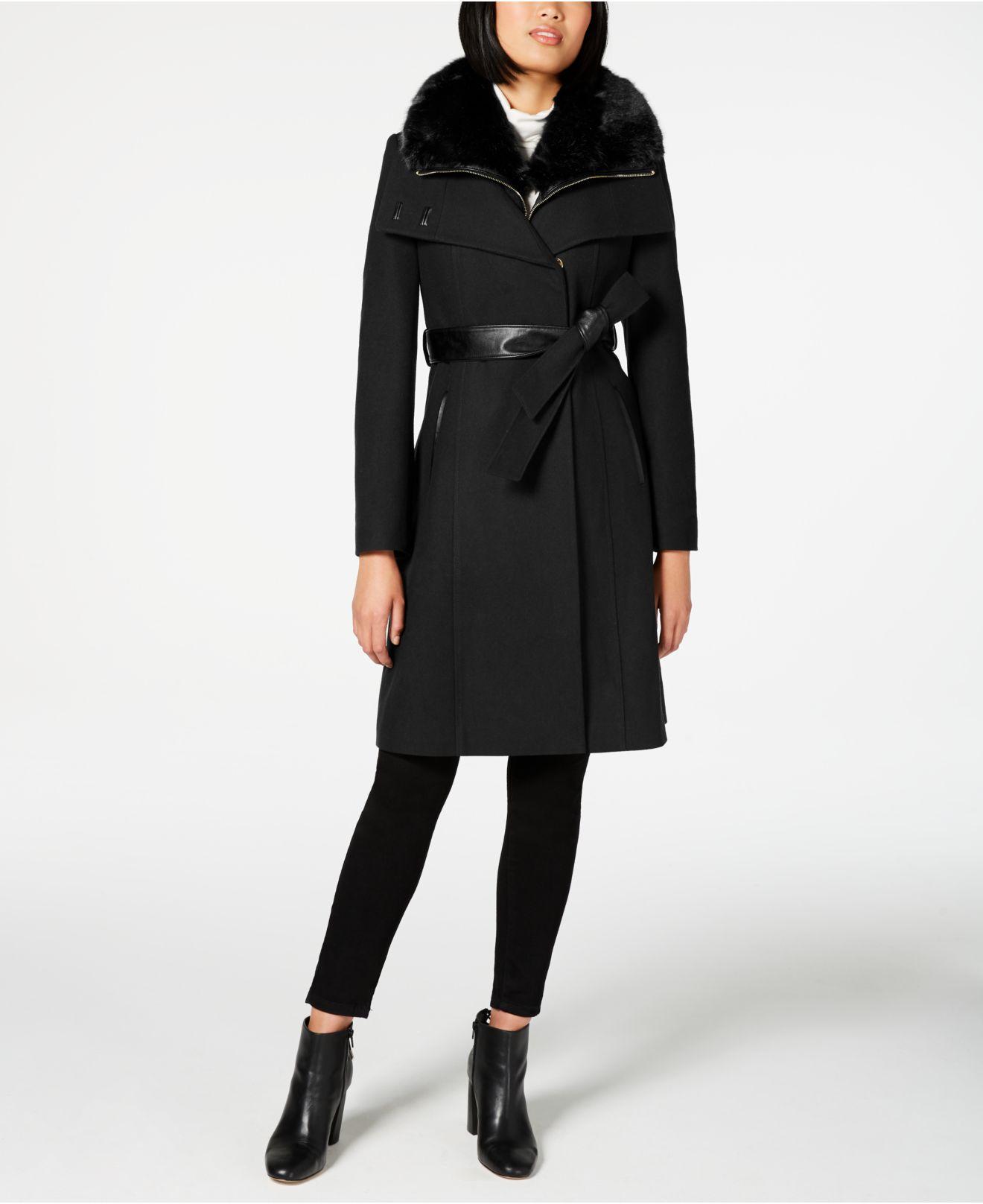 French Connection Faux-fur-collar Belted Coat With Faux-leather Trim in ...