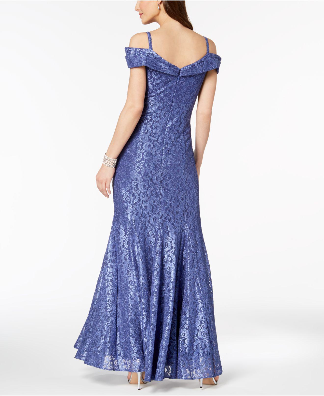 R And M Richards Off The Shoulder Lace Gown In Periwinkle Blue Save